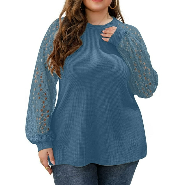 NSLGXD Womens Plus Size Waffle Tops Long Sleeve Crewneck Pullover ...