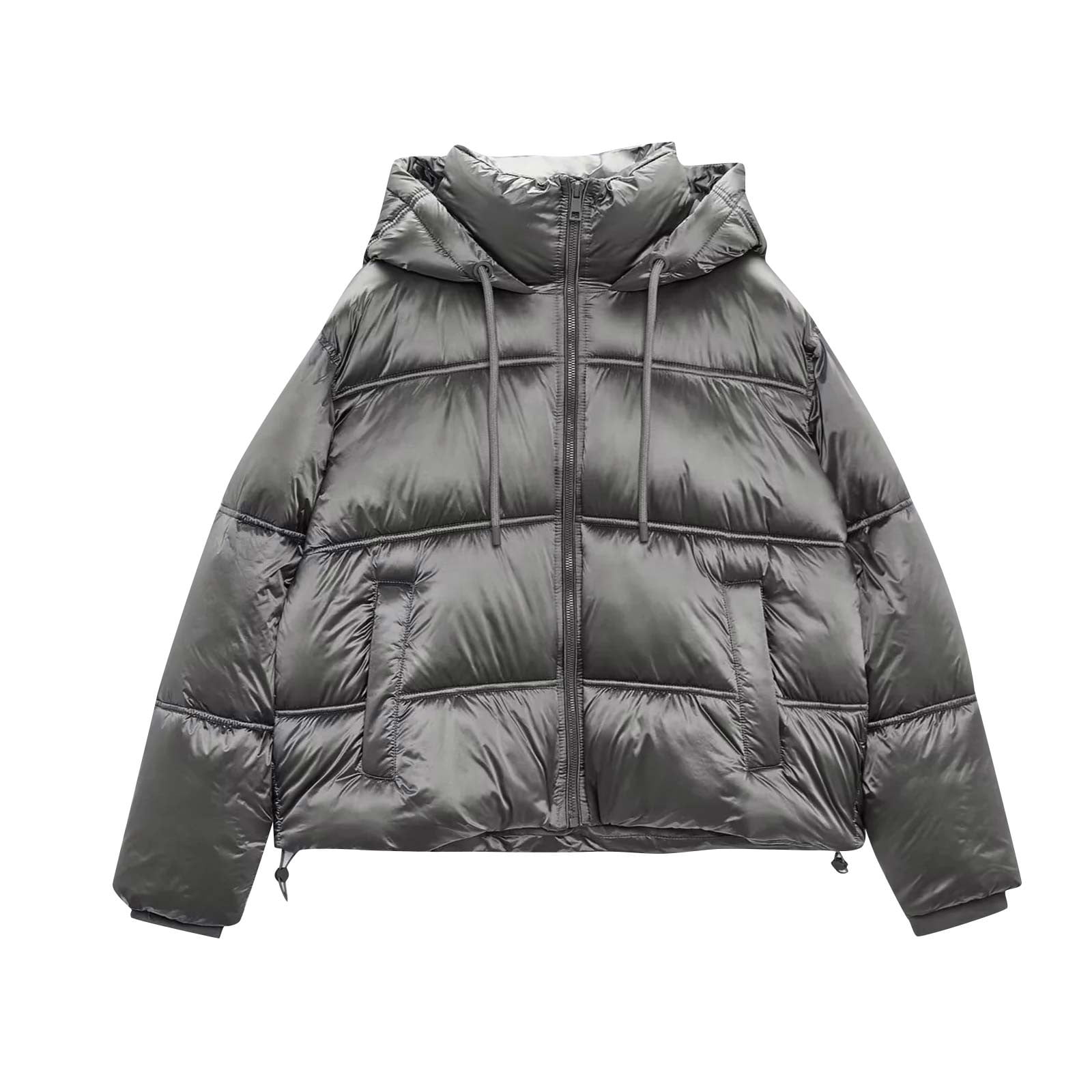 NSLGXD Womens Quilted Shiny Puffer Jacket with Hood Drawstring Metallic ...