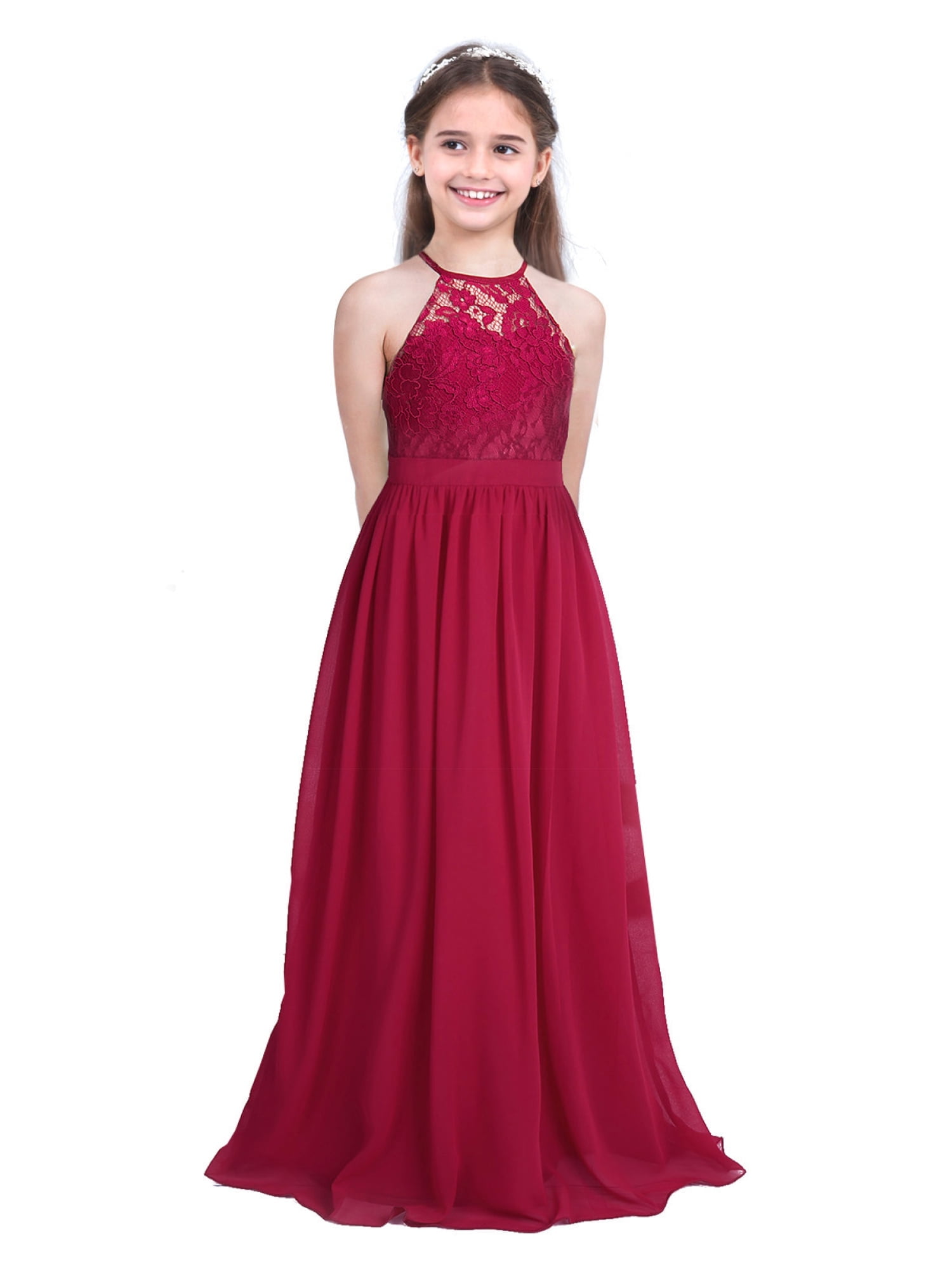 NSXXKJ Kids Girls Halter Neck Chiffon Long Party Junior Wedding Evening ...