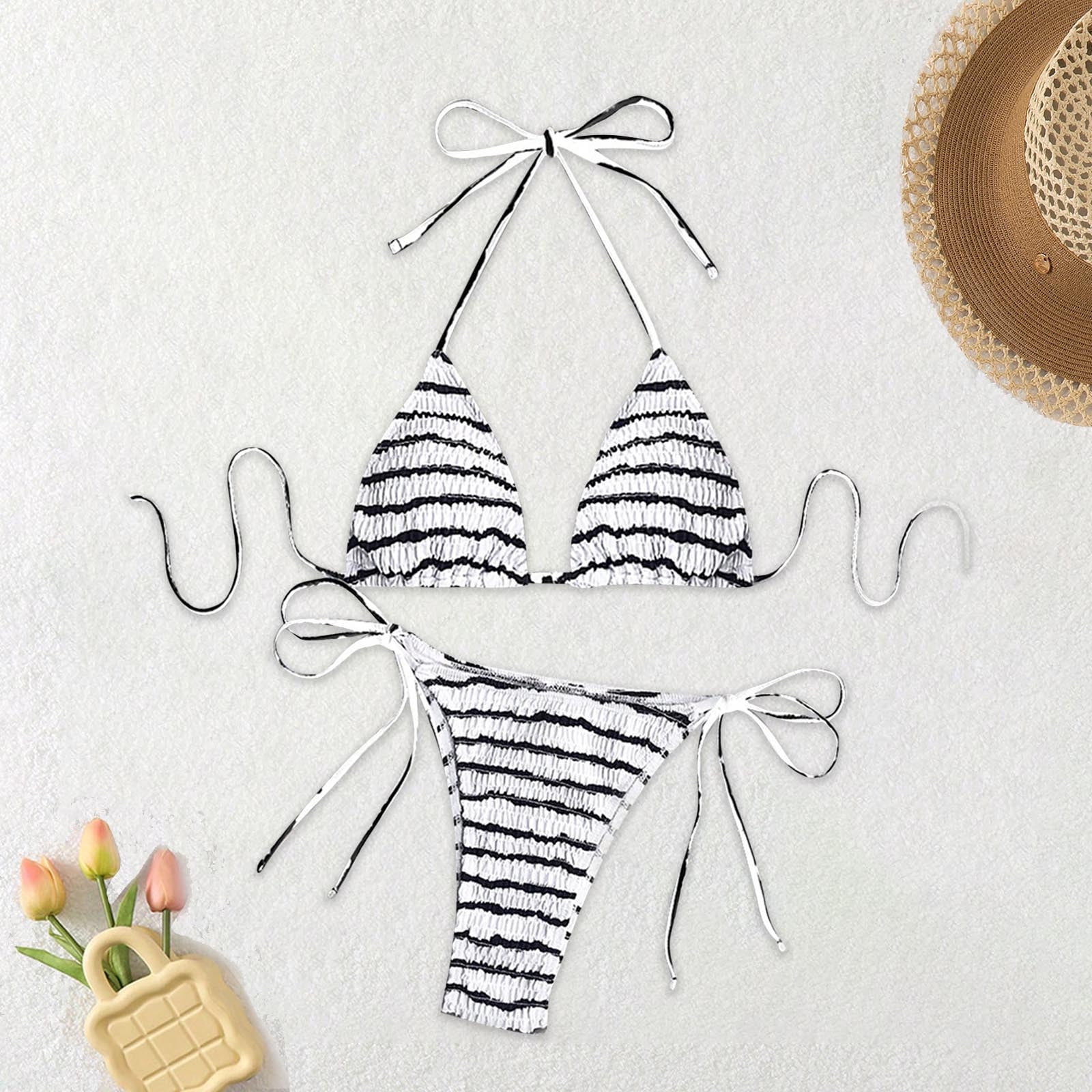 NTACZA Black Womens Tankini Bathing Suits Striped Halter Sling Triangle ...