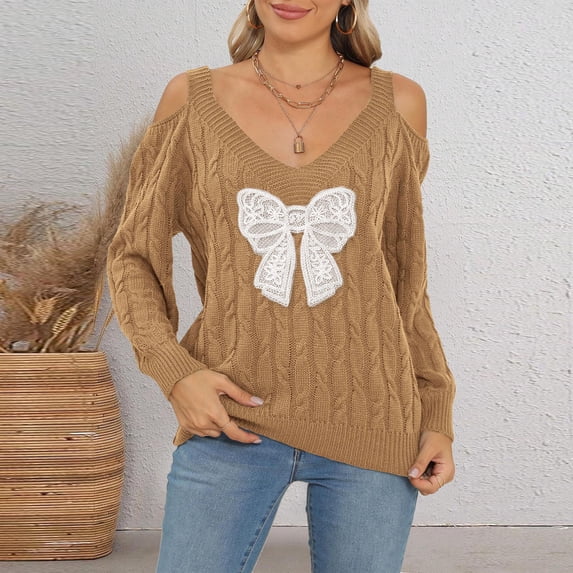 NTACZA Brown Womens Sweaters 2025 Cable Knit Bow V Neck Sweater Cold ...