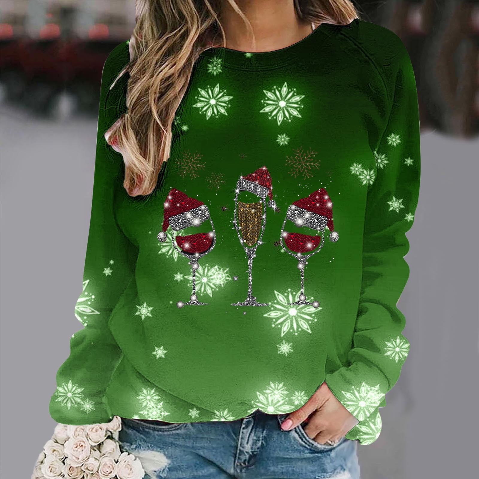 NTACZA Christmas Plus Size Womens Tops Green Long Sleeve Pullover Crew ...