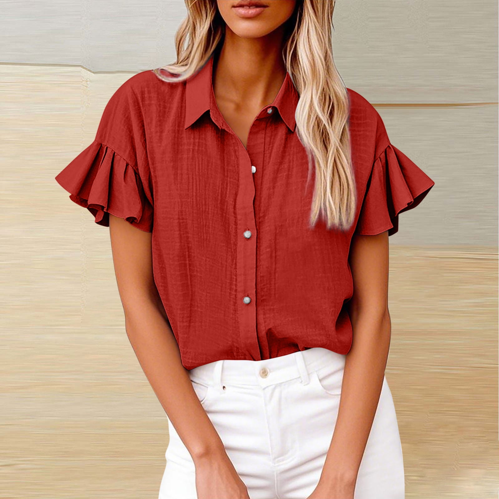 NTACZA Cotton & Linen Womens Plus Blouses Flutter Red Short Sleeve Solid Button-Up Shirts Shirts ...