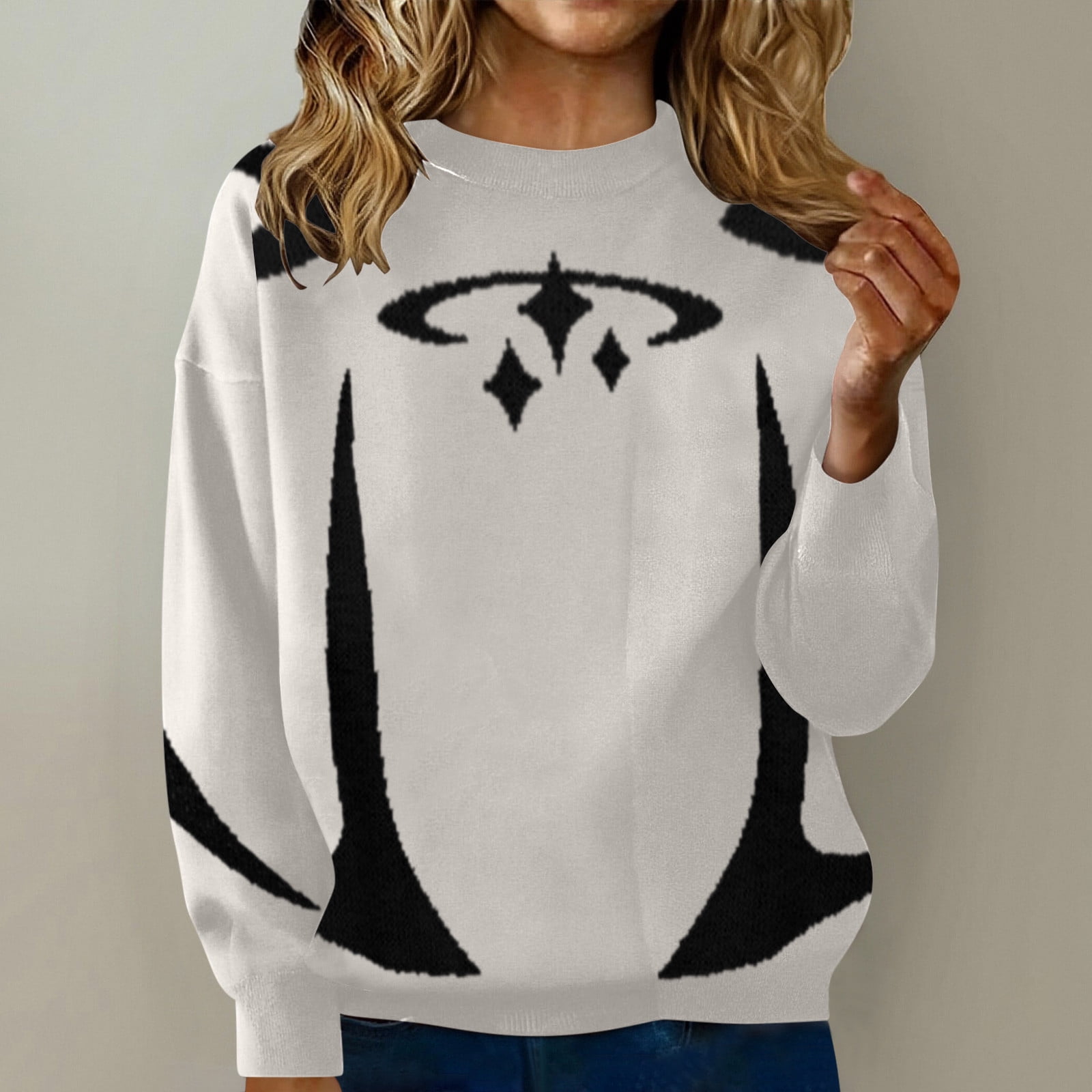 NTACZA Crewneck Sweater for Women Fall Loose Fitting Graphic White ...