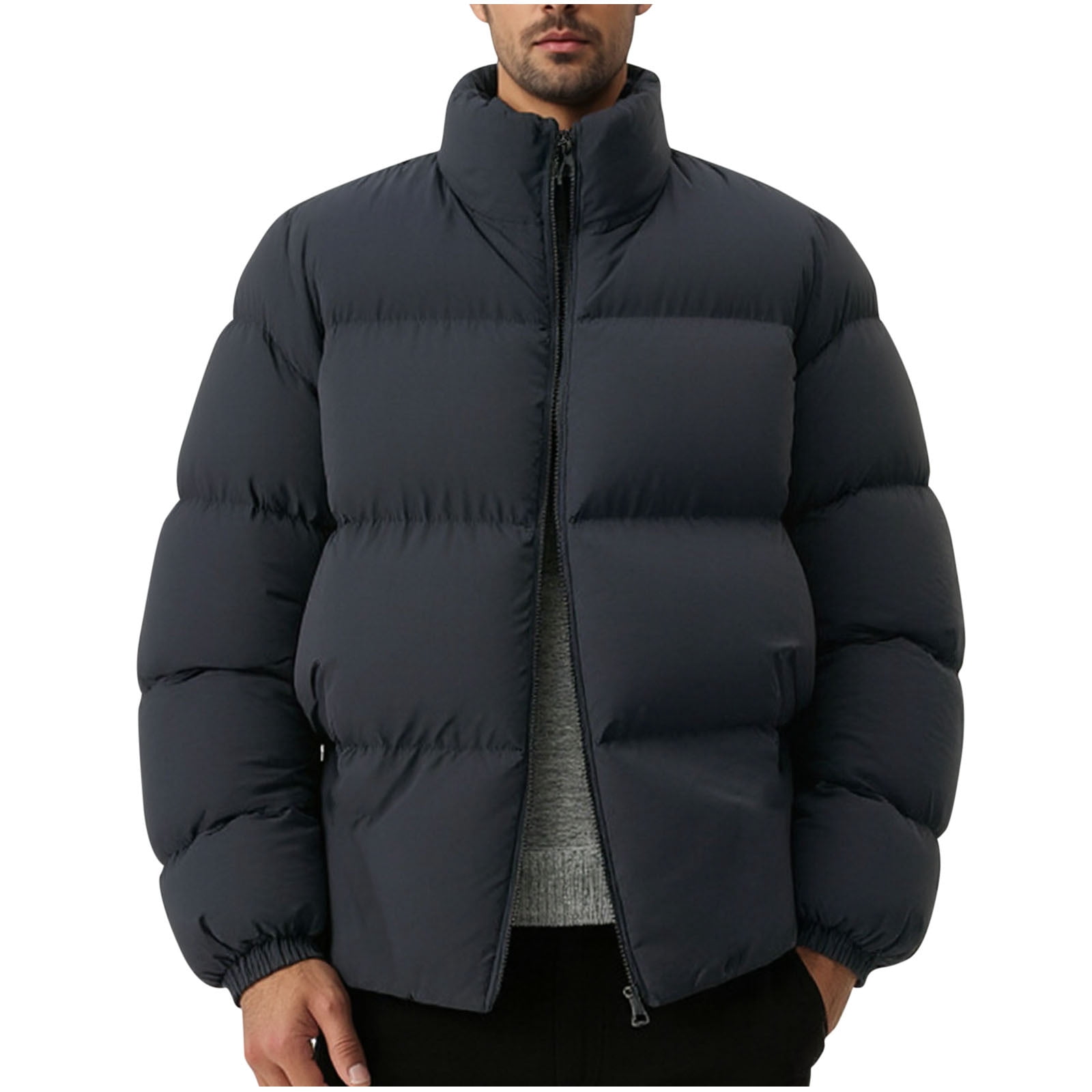 NTACZA Gray Men Jacket Stand Collar Thick Zip up Puffer Jacket Isulated ...