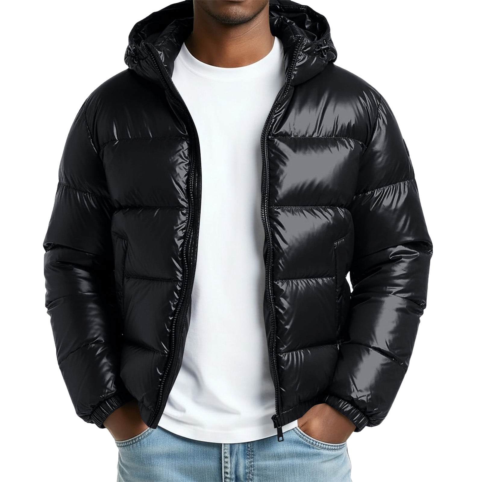 NTACZA Hooded Winter Men Jackets Zip up Black Shiny Puffer Jacket ...