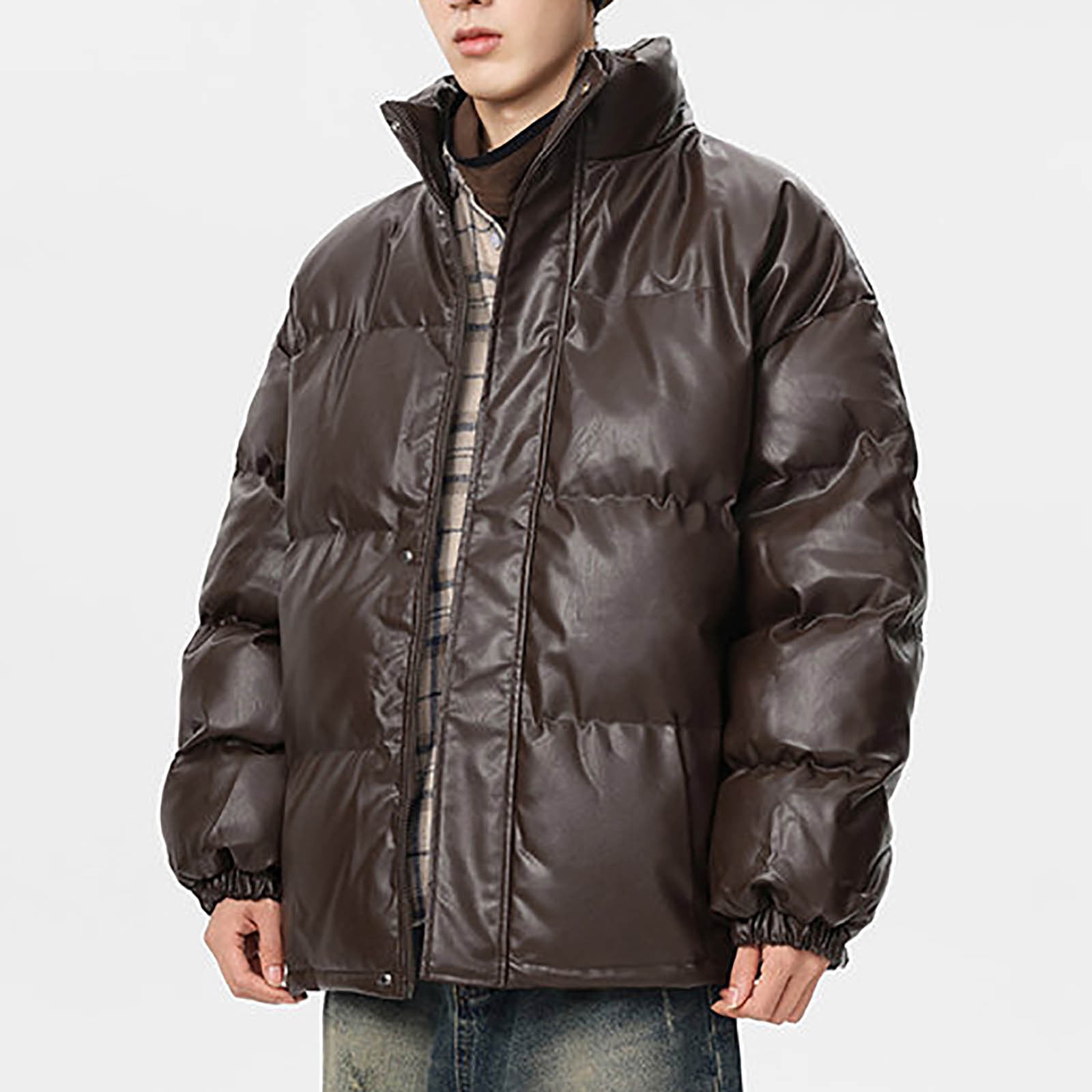 NTACZA Jackets for Man Zip up Brown Water Proof Pu Puffer Jacket Padded ...