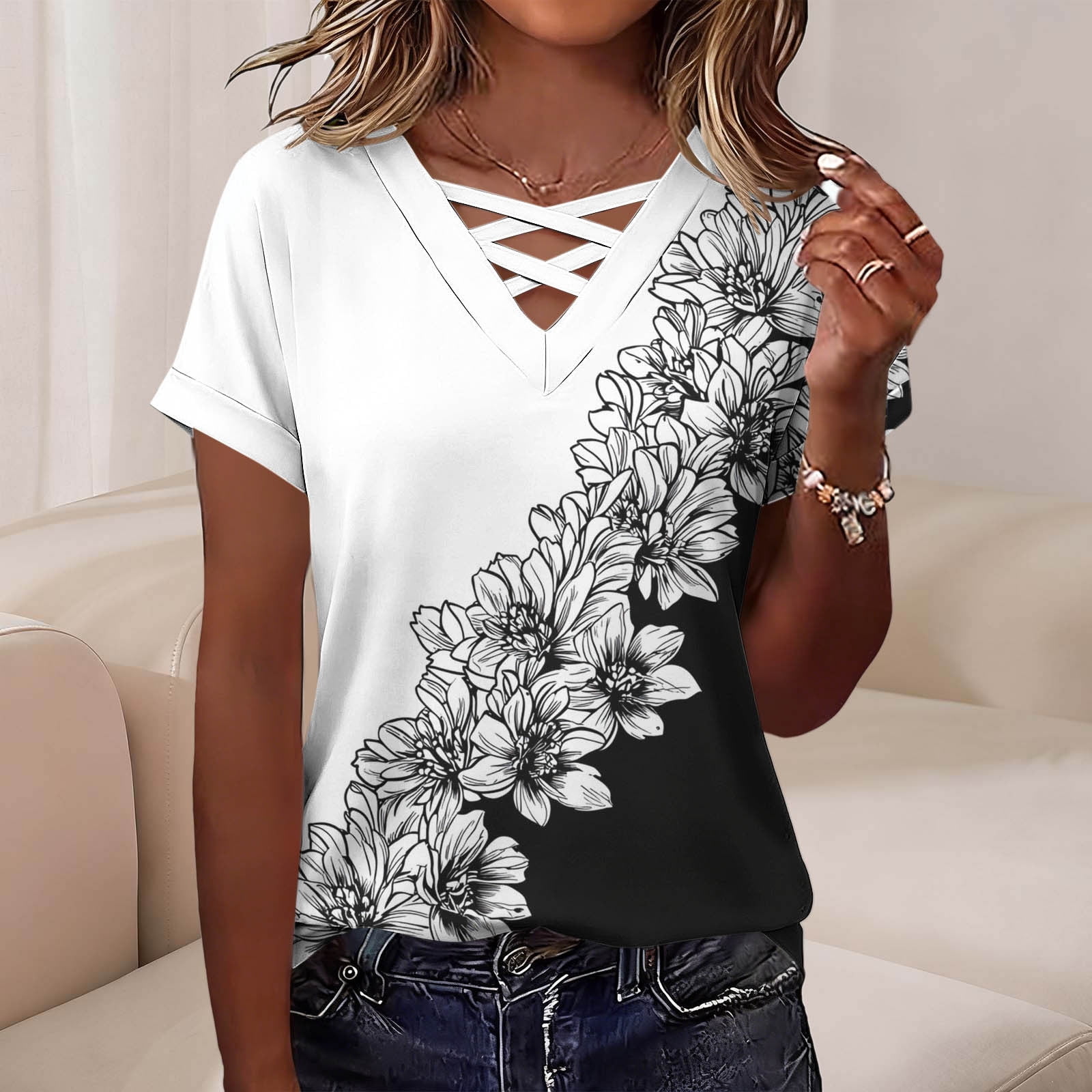 NTACZA Printed Casual Tops For Women Casual Criss Cross V-Neck Short ...