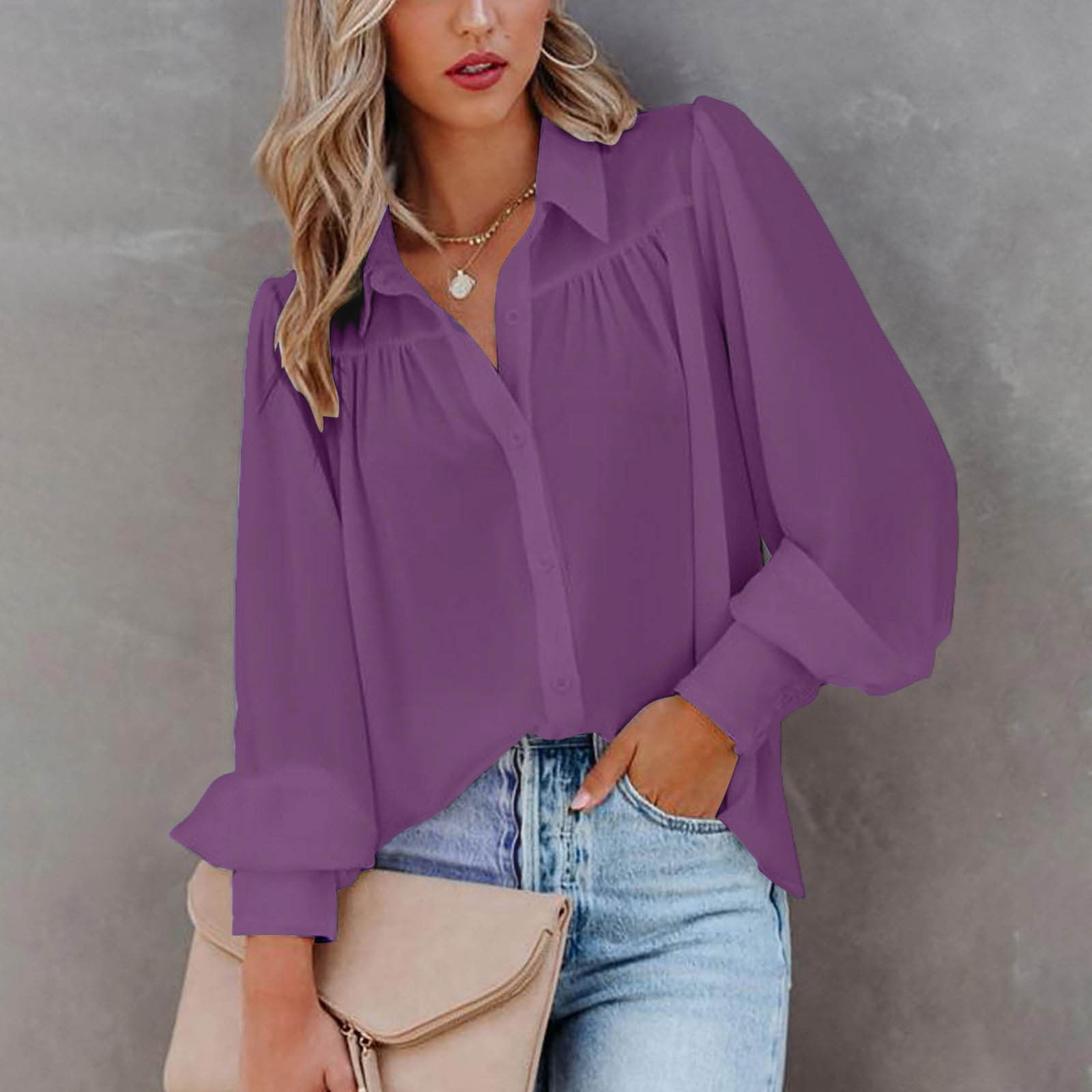 NTACZA Purple Tops for Women Long Sleeve Turn Down Collar Solid Smocked ...