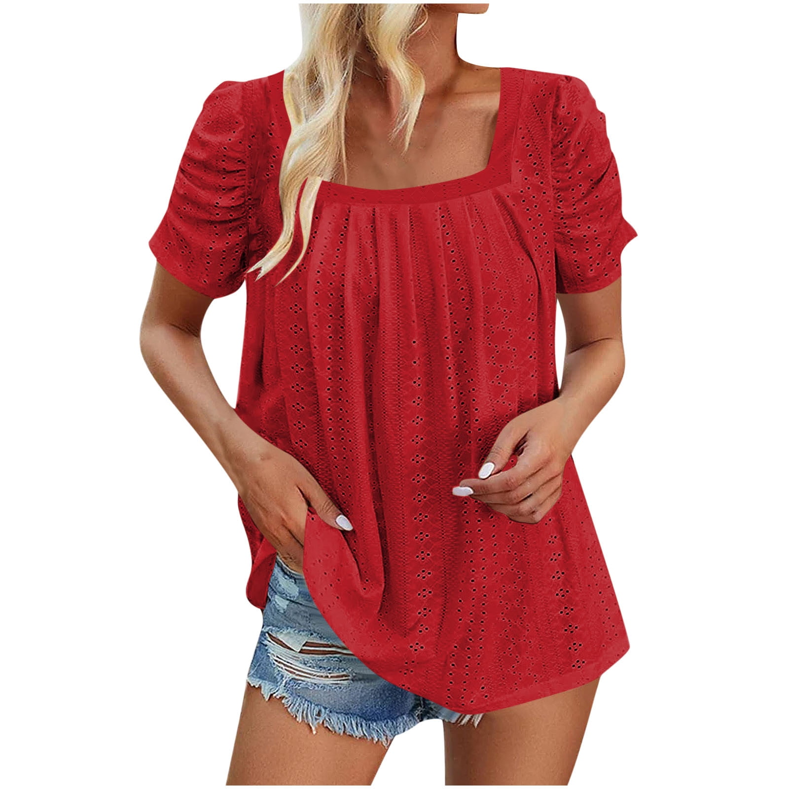 NTACZA Red Long Tunic Tops for Women Pleated Puff Loose Short Sleeve Solid Square Neck T-Shirts ...