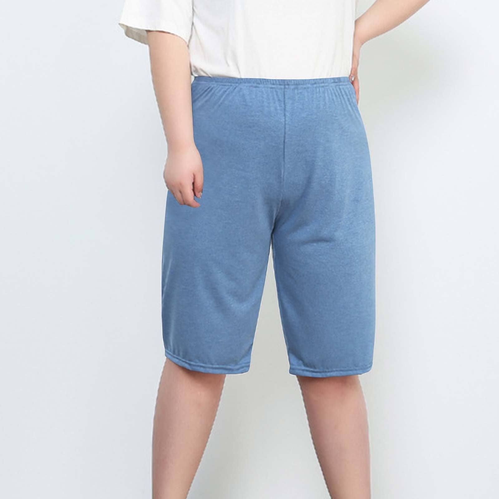 NTACZA Soft Woman Pants Blue High Waist Elastic Solid Bermuda Shorts ...