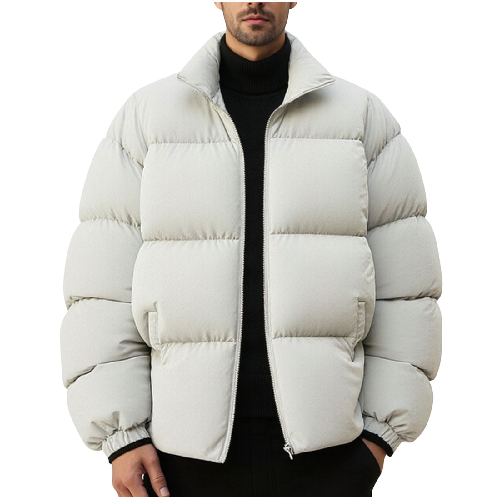 NTACZA Thick Jackets for Man Stand Collar White Zip up Puffer Jacket ...