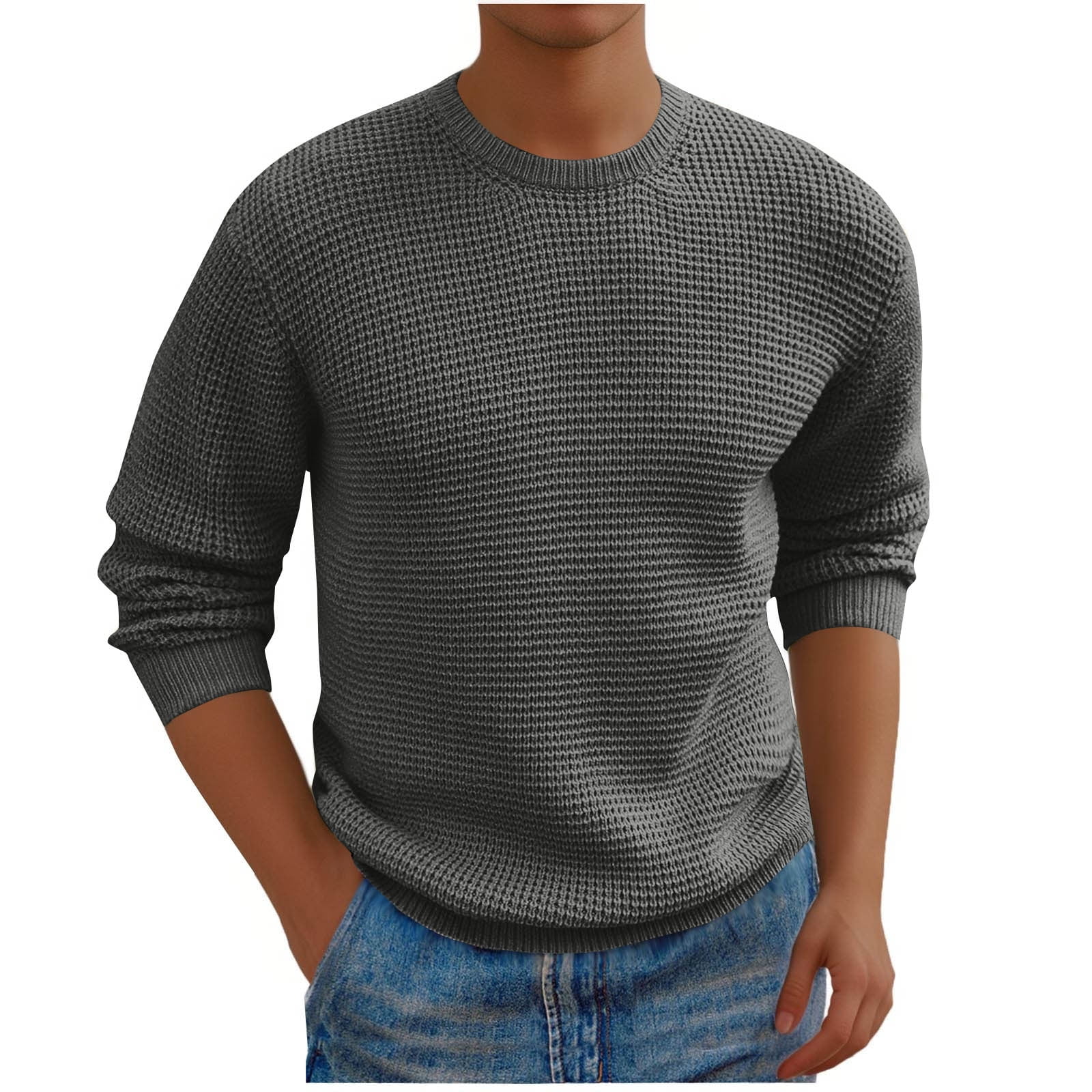NTACZA Waffle Knit Fall Sweaters Men Gray Crew Neck Pullover Sweaters ...
