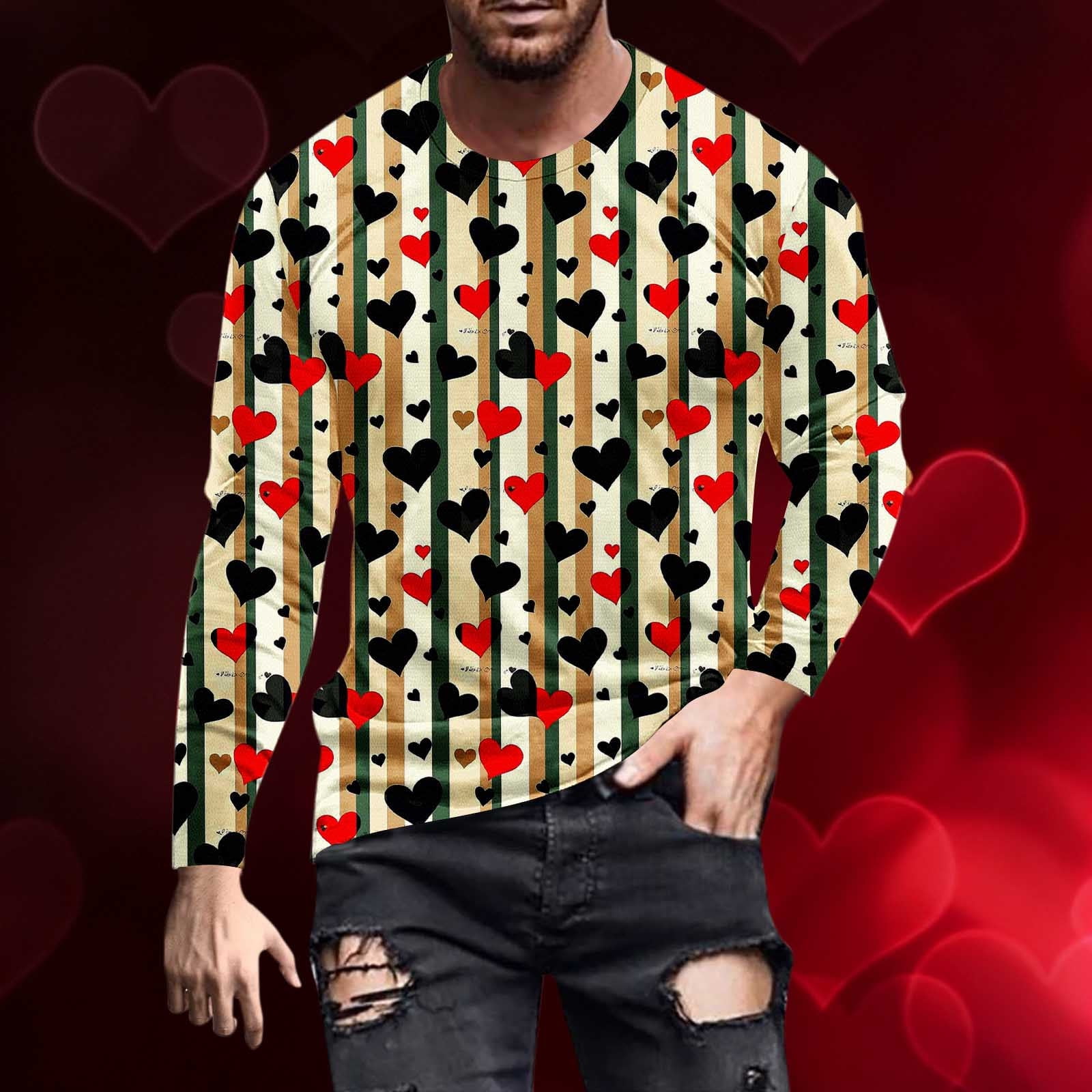 NTACZA Winter Shirts for Men Heart Print Crew Neck Valentine's Day Red ...