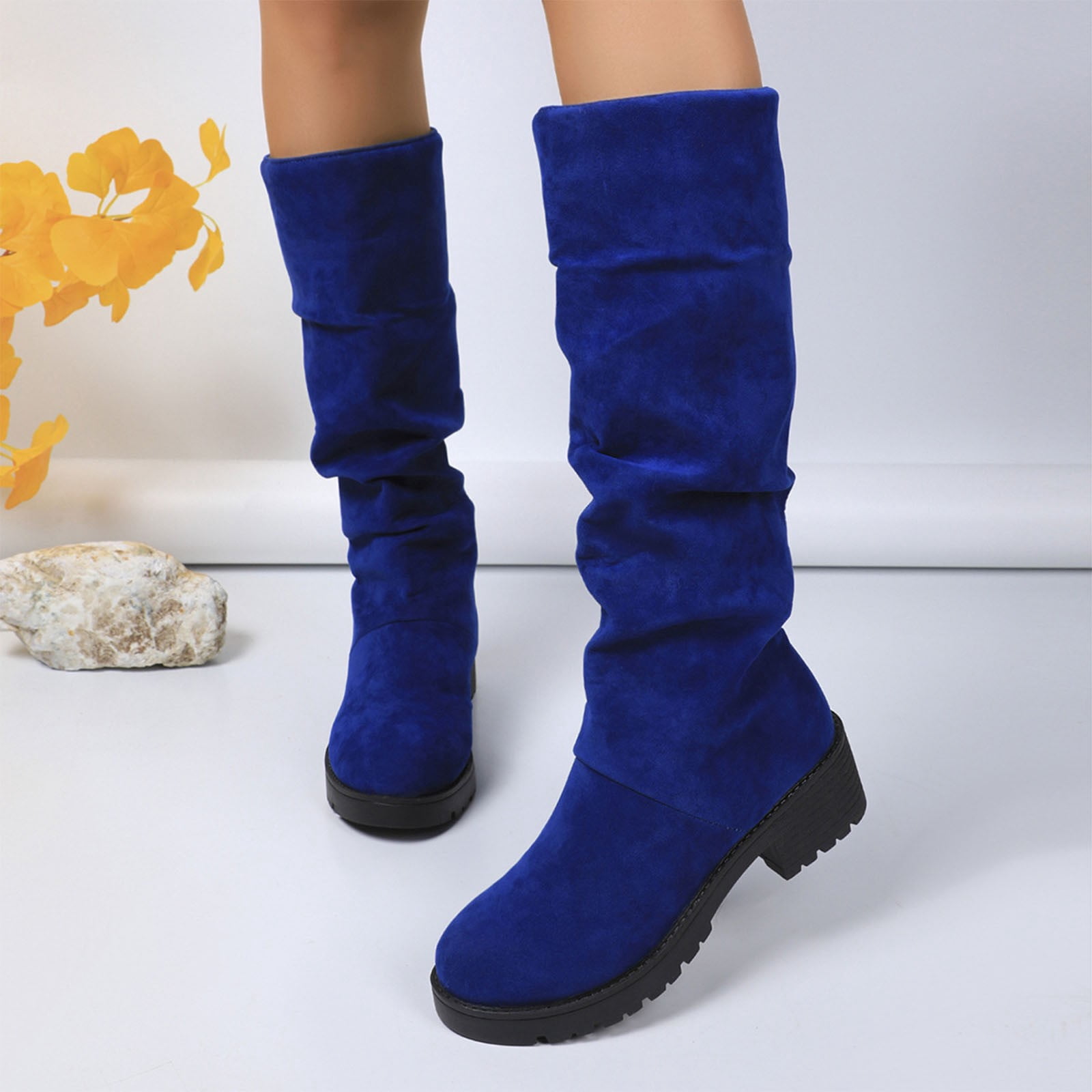 NTACZA Women Boots Wide Width Blue Slouch Knee-High Business Casual Low ...