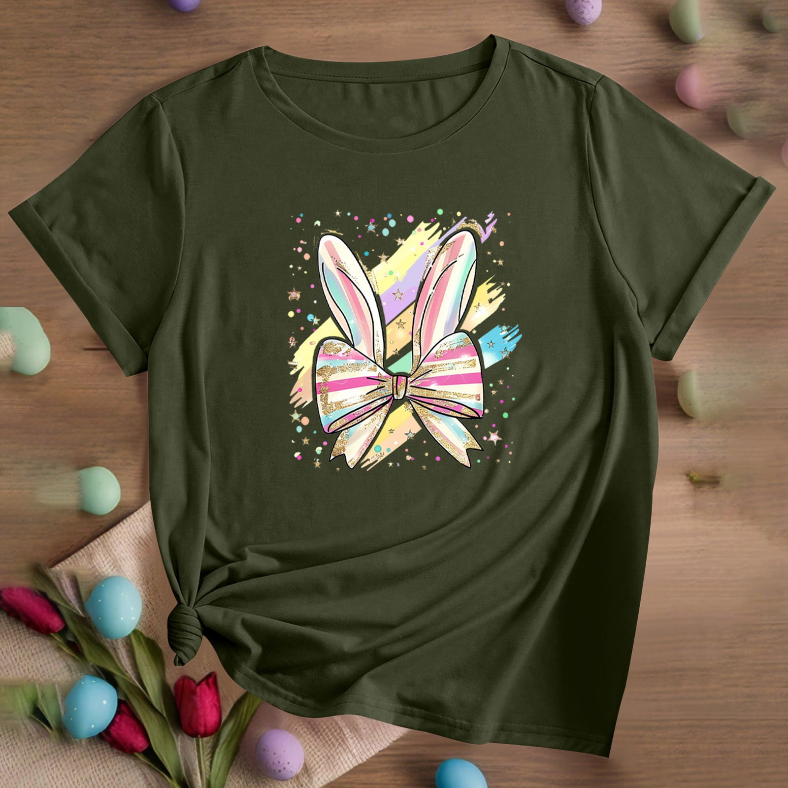 NTACZA Women's Blouse Short Sleeve Green Easter Crew Neck Pullover T ...