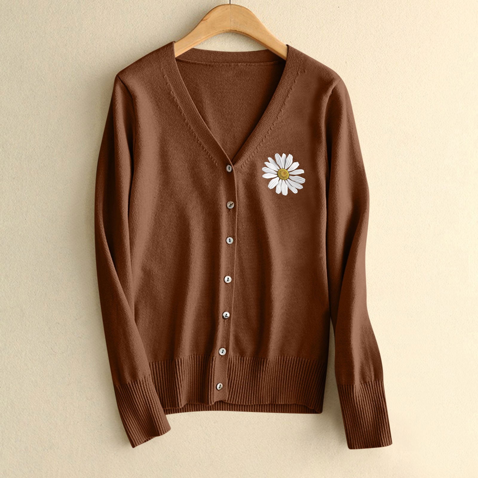 NTACZA Women's Sweaters Brown V Neck Flower Print Button Up Sweater ...