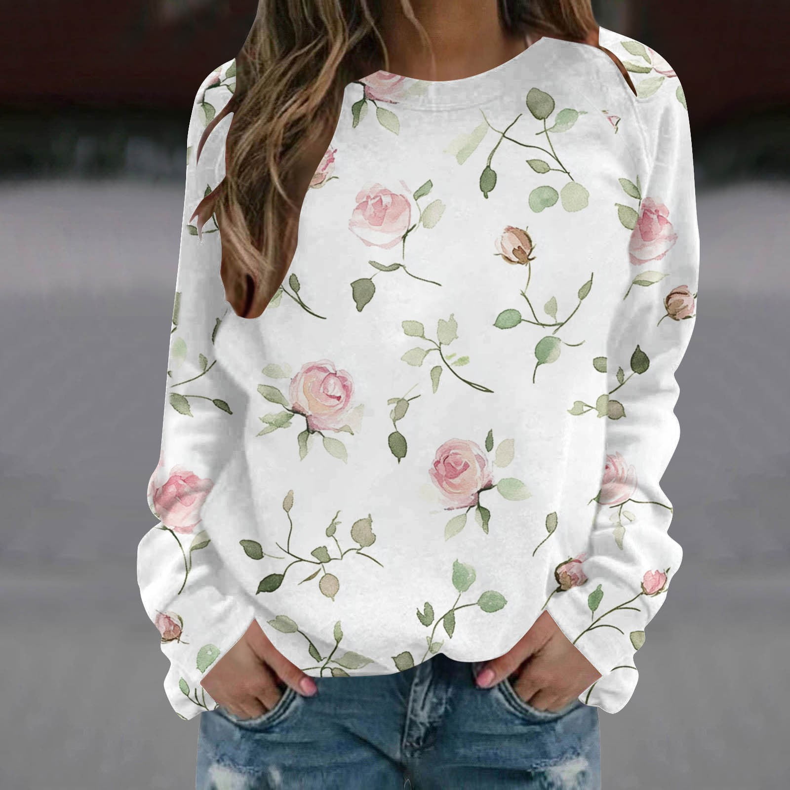 NTACZA Women's Tops Shirt Long Sleeve Pink Pullover Floral Print Crew ...
