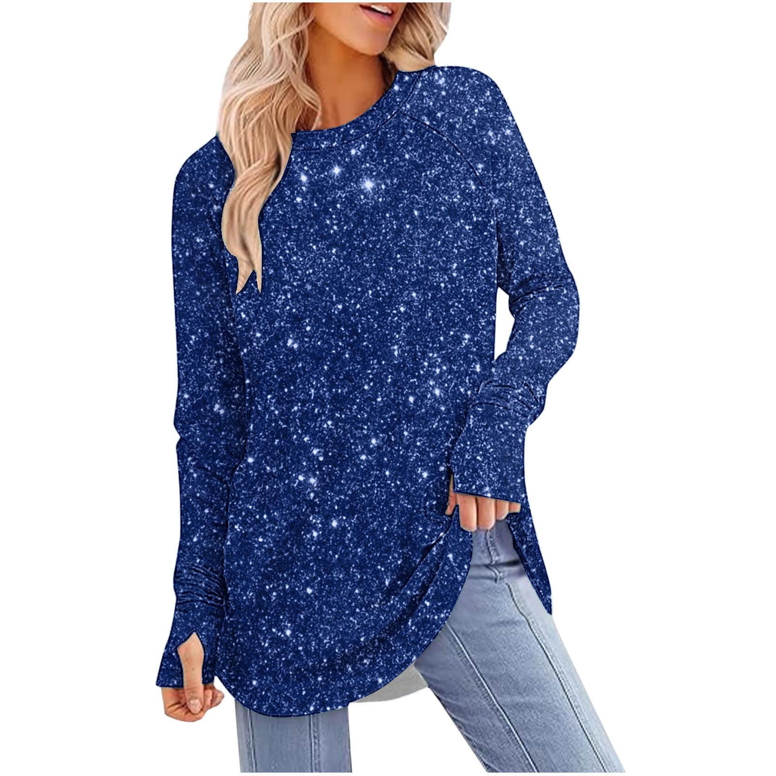 NTACZA Womens Spring Tops Blue Sequin Long Sleeve Oversized Pullover ...