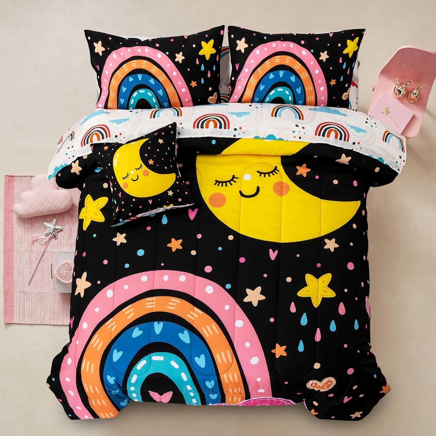 Bedding 6 Pcs Cartoon Rainbow Bedding Set with Smile Moon Printed for ...