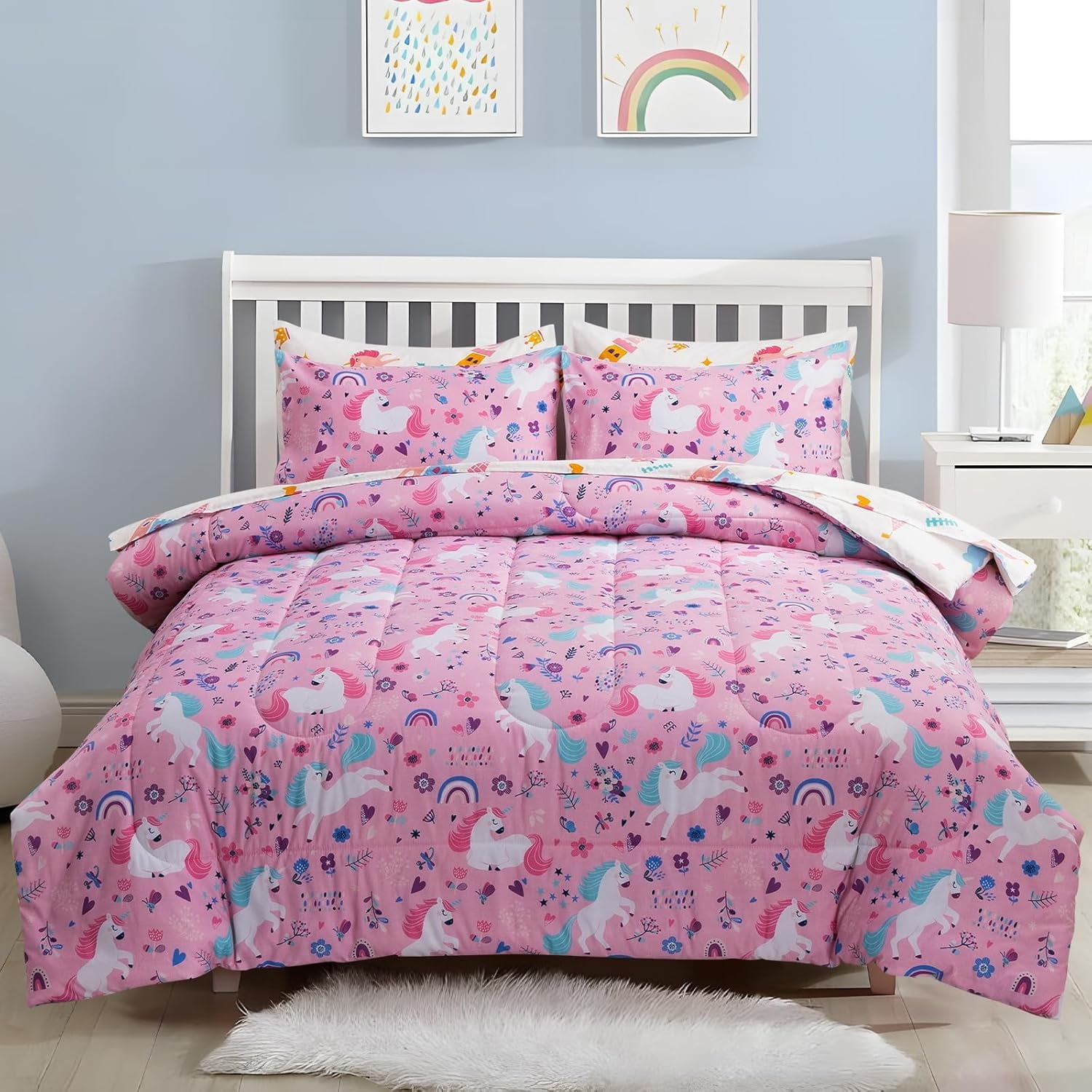 NTBED 5Pcs Pink Floral Unicorn Bedding Set for Girls Kids, Full Size ...