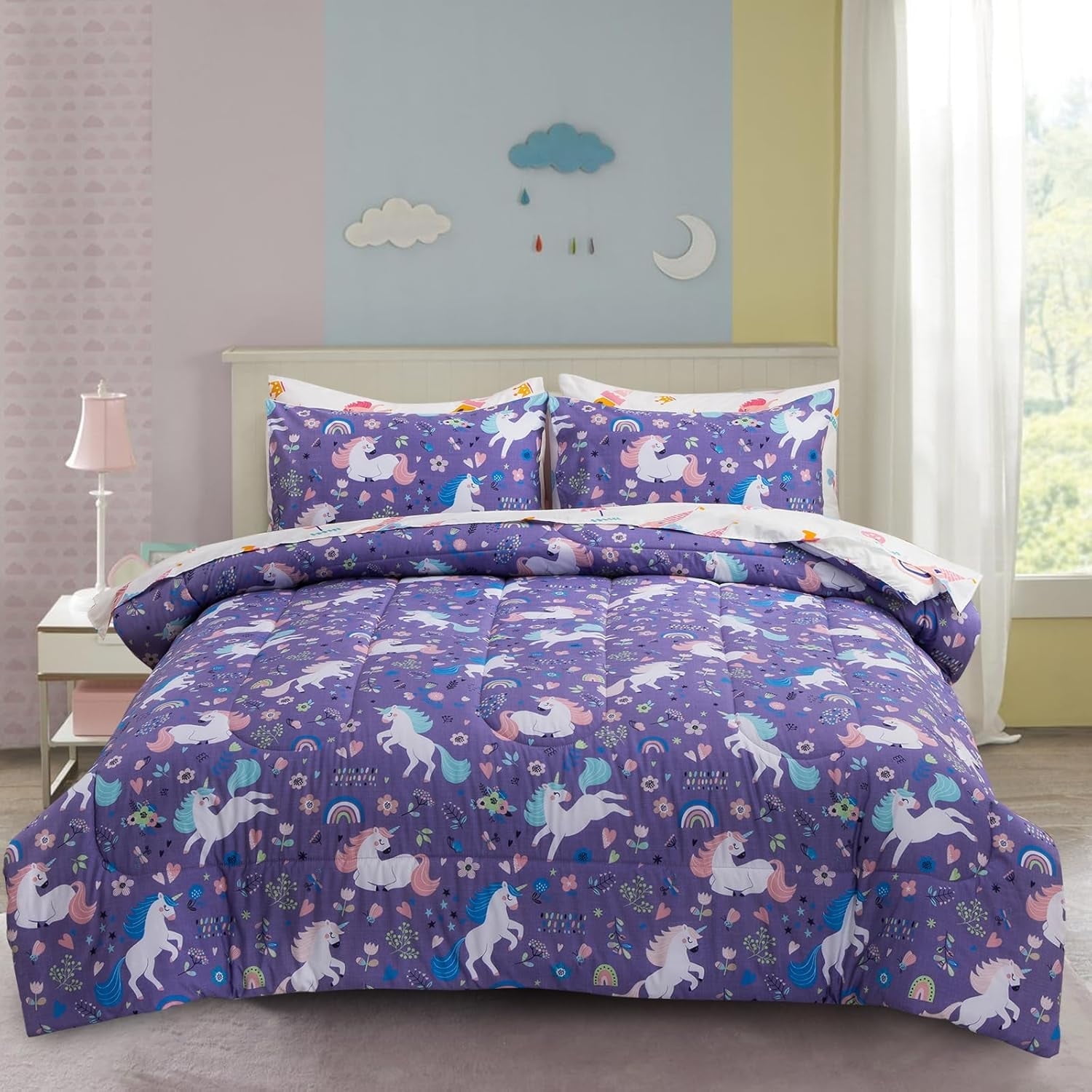 NTBED 5Pcs Purple Floral Unicorn Bedding Set for Girls Kids, Full Size ...