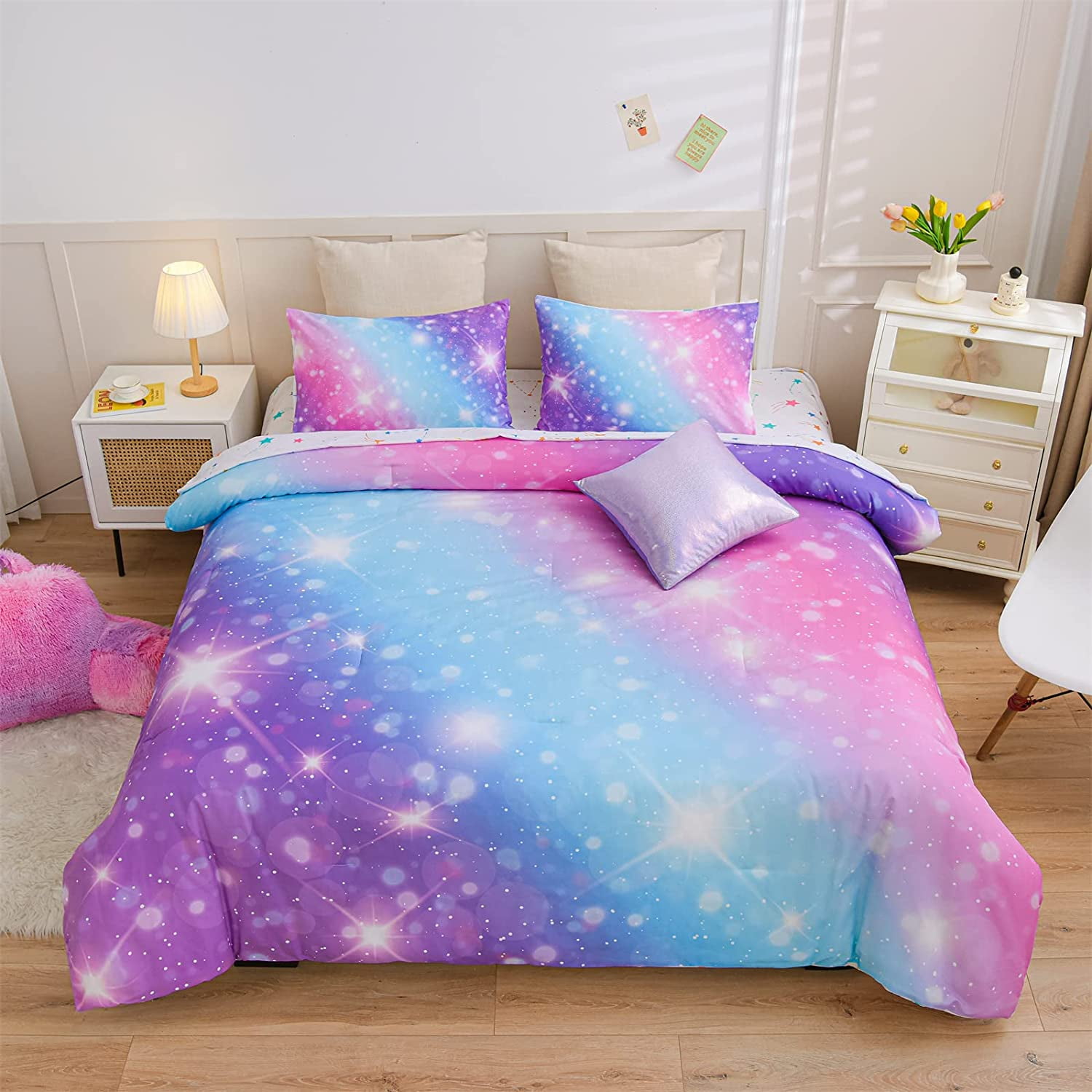 NTBED Full Sized Rainbow Galaxy Bedding Set, 6 Pieces Gradient Glitter ...