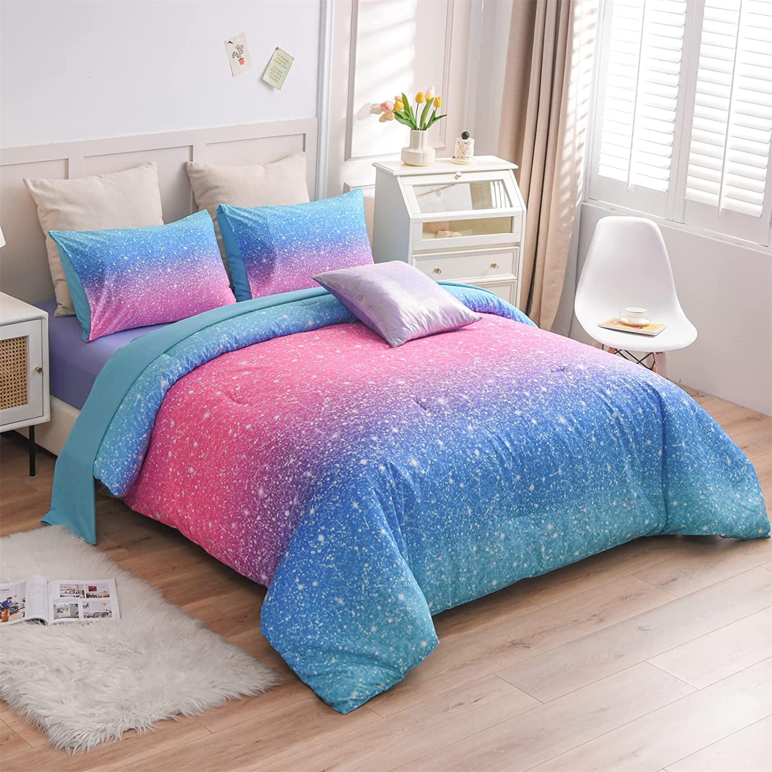 NTBED Gradient Glitter Bedding Set for Girls, Full Size Rainbow Galaxy ...