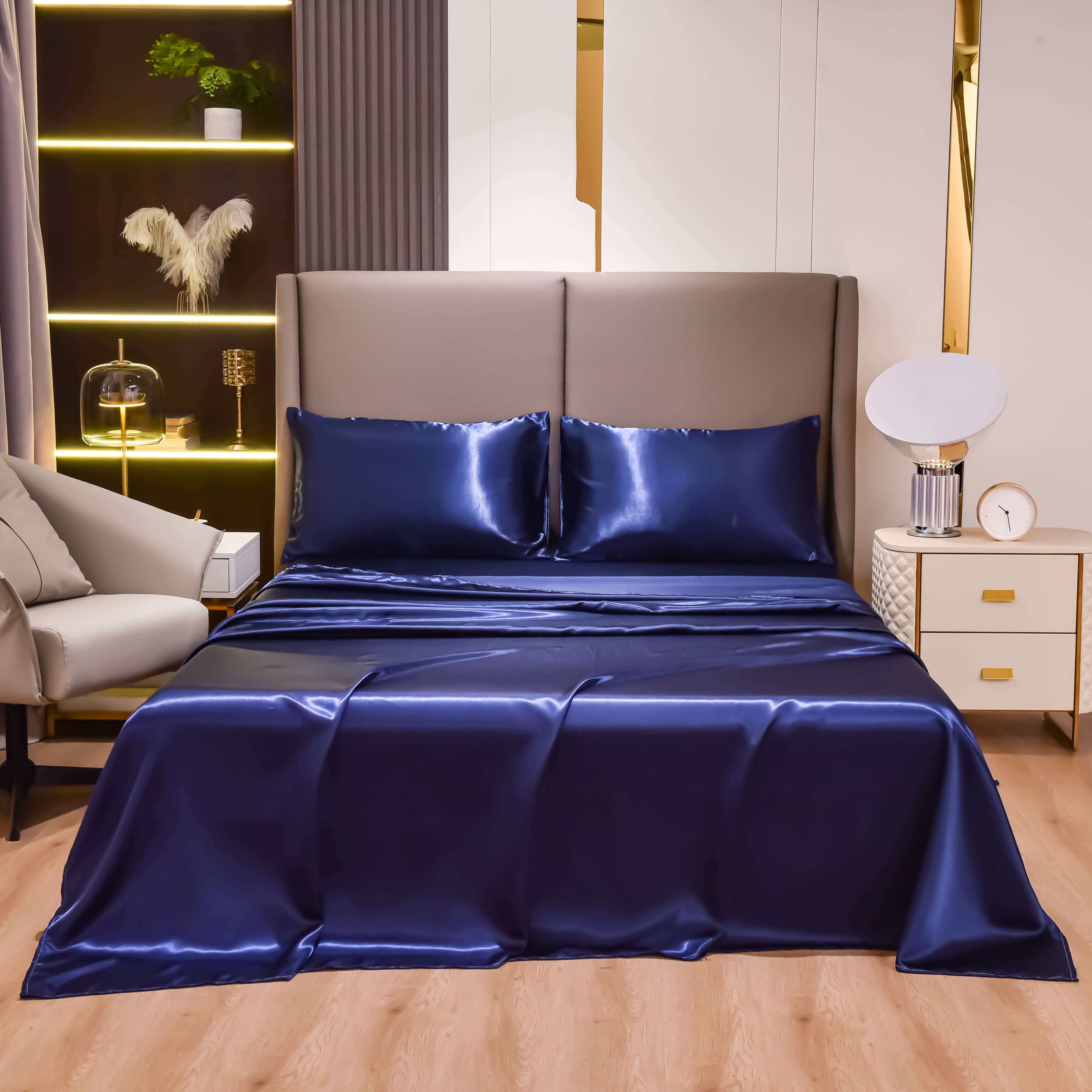 NTBED Navy Blue Satin Sheets Queen Luxury Silky Bed Sheets 1800 ...