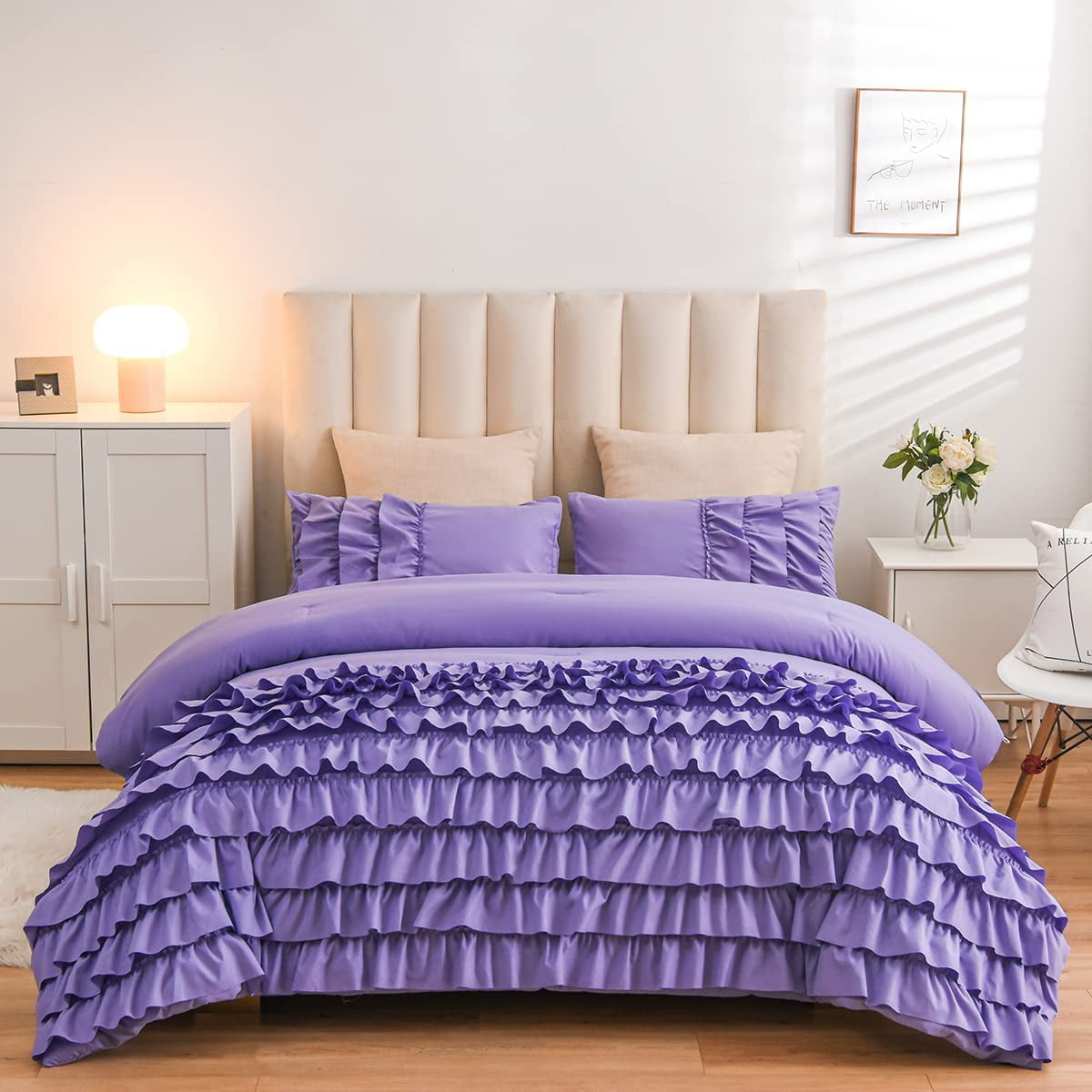 NTBED Purple Ruffle Comforter Set Twin Size Multi-Layers Ruffled Shabby ...