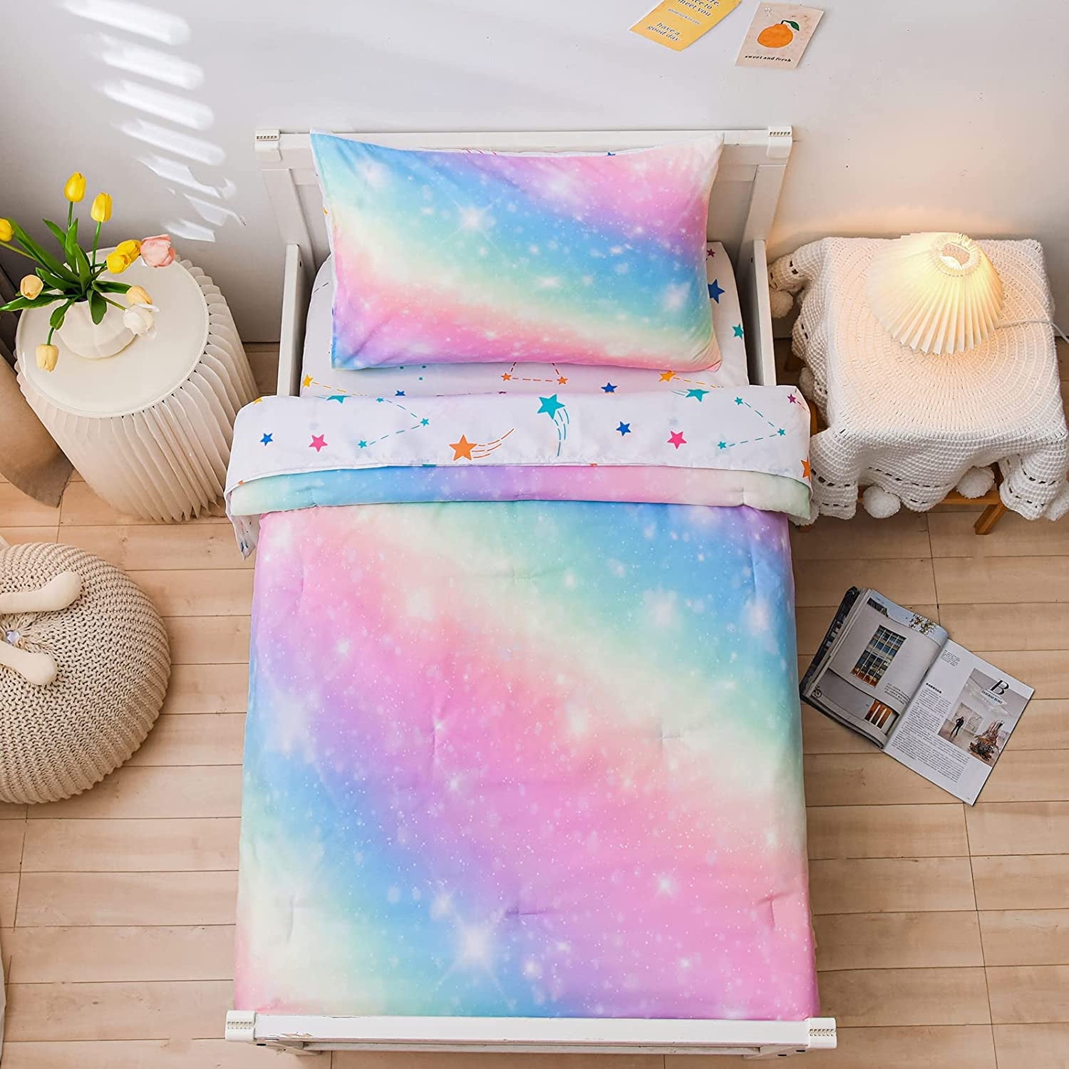 NTBED 4-Piece Toddler Bedding Set, Rainbow Sparkle, Includes Comforter ...