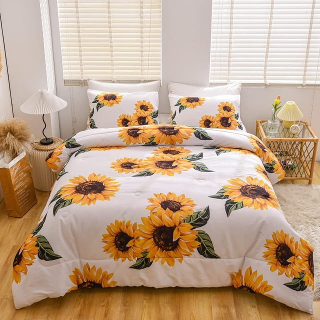 NTBED Full Size Sunflower Print Comforter Set, 3-Pieces Yellow Floral ...