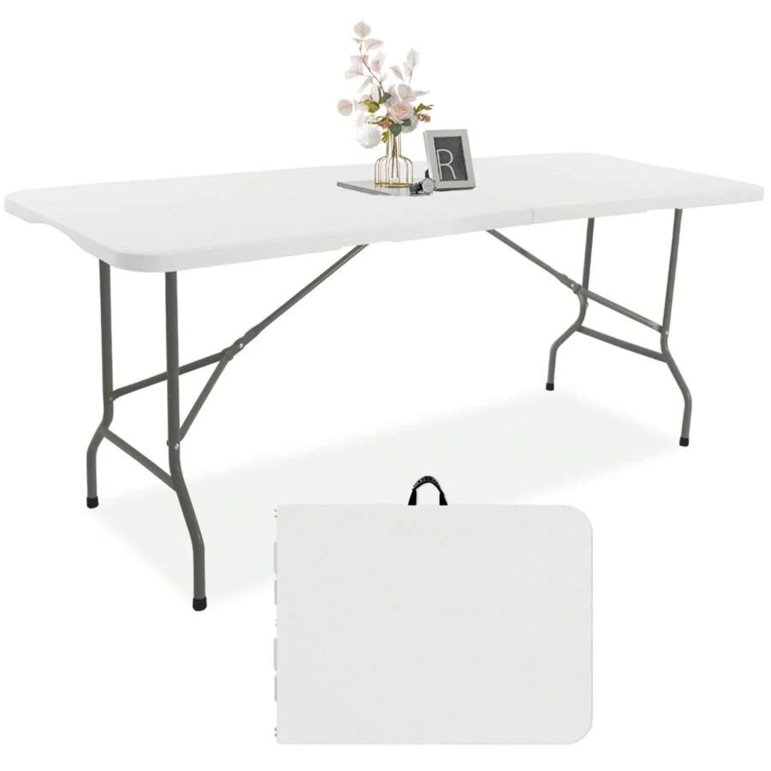 NTGFU 6FT White Foldable Table, Fold-In-Half with Carrying Handle ...