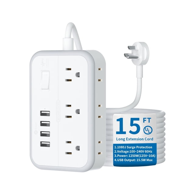 NTONPOWER Flat Plug Power Strip 6 Outlets 4 USB Port 15ft Long ...