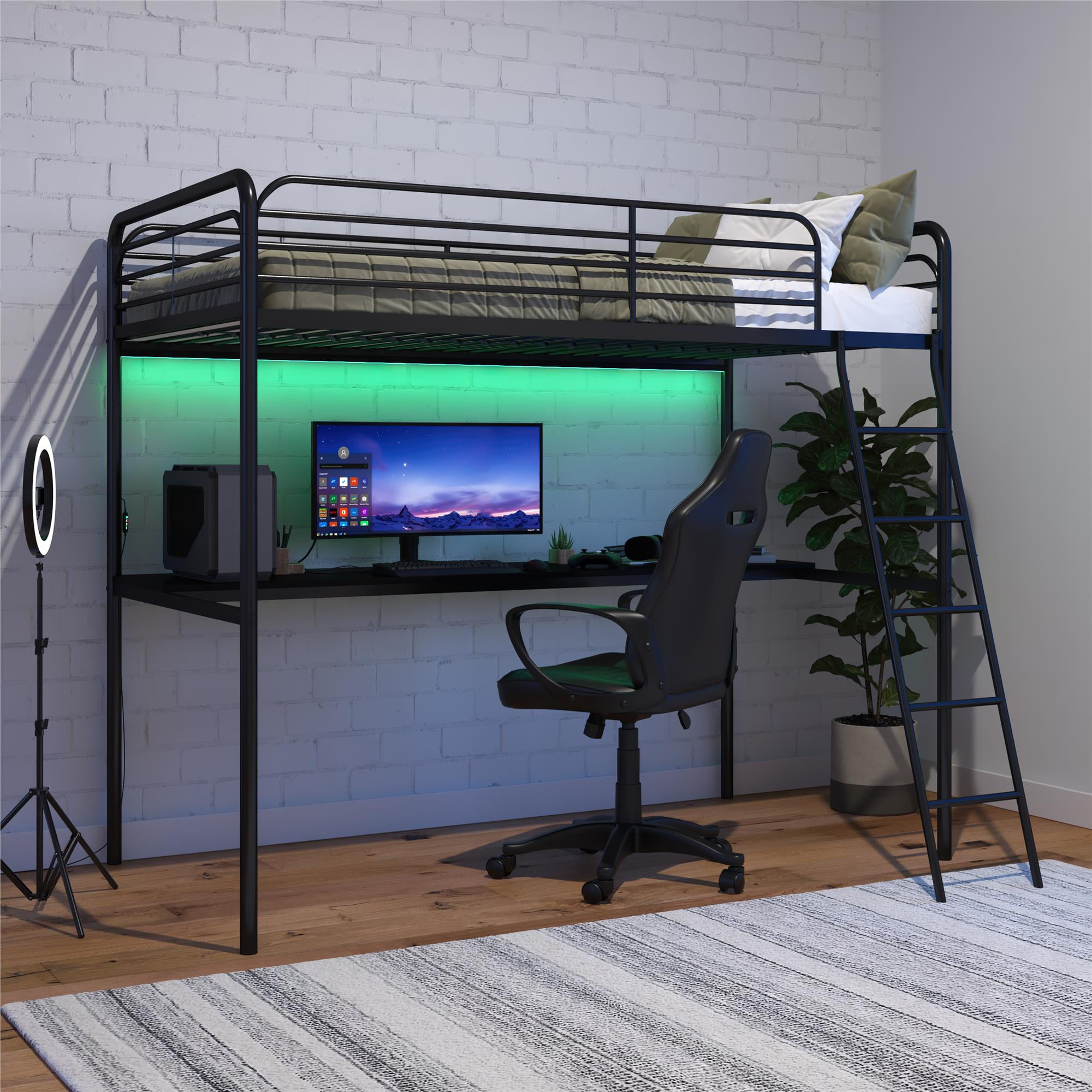 NTense Contra Gaming Loft Bed with Desk and LED Lights, Twin, Black ...