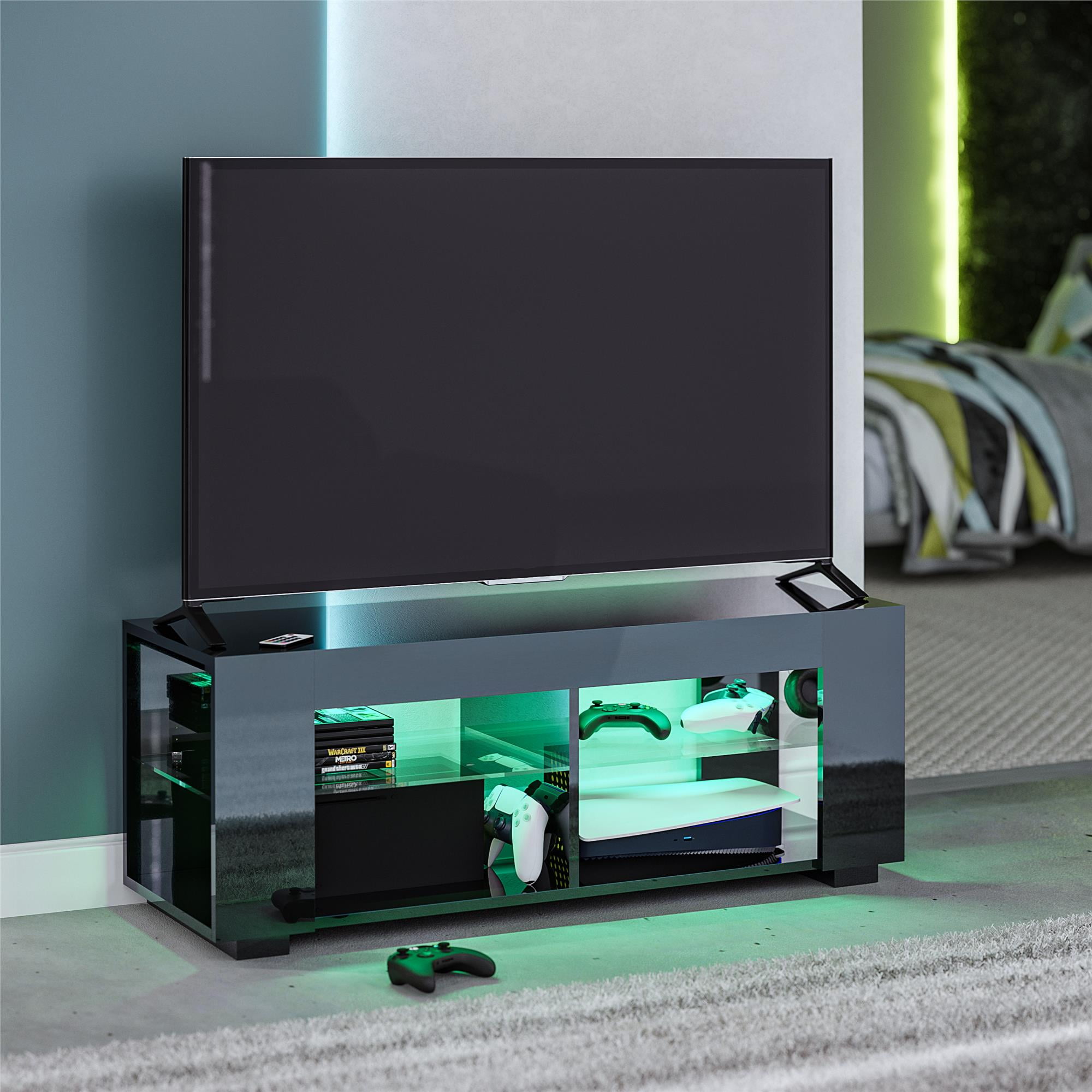 NTense LED TV Stand with Glass Shelves for TVs up to 55", Black Gloss ...
