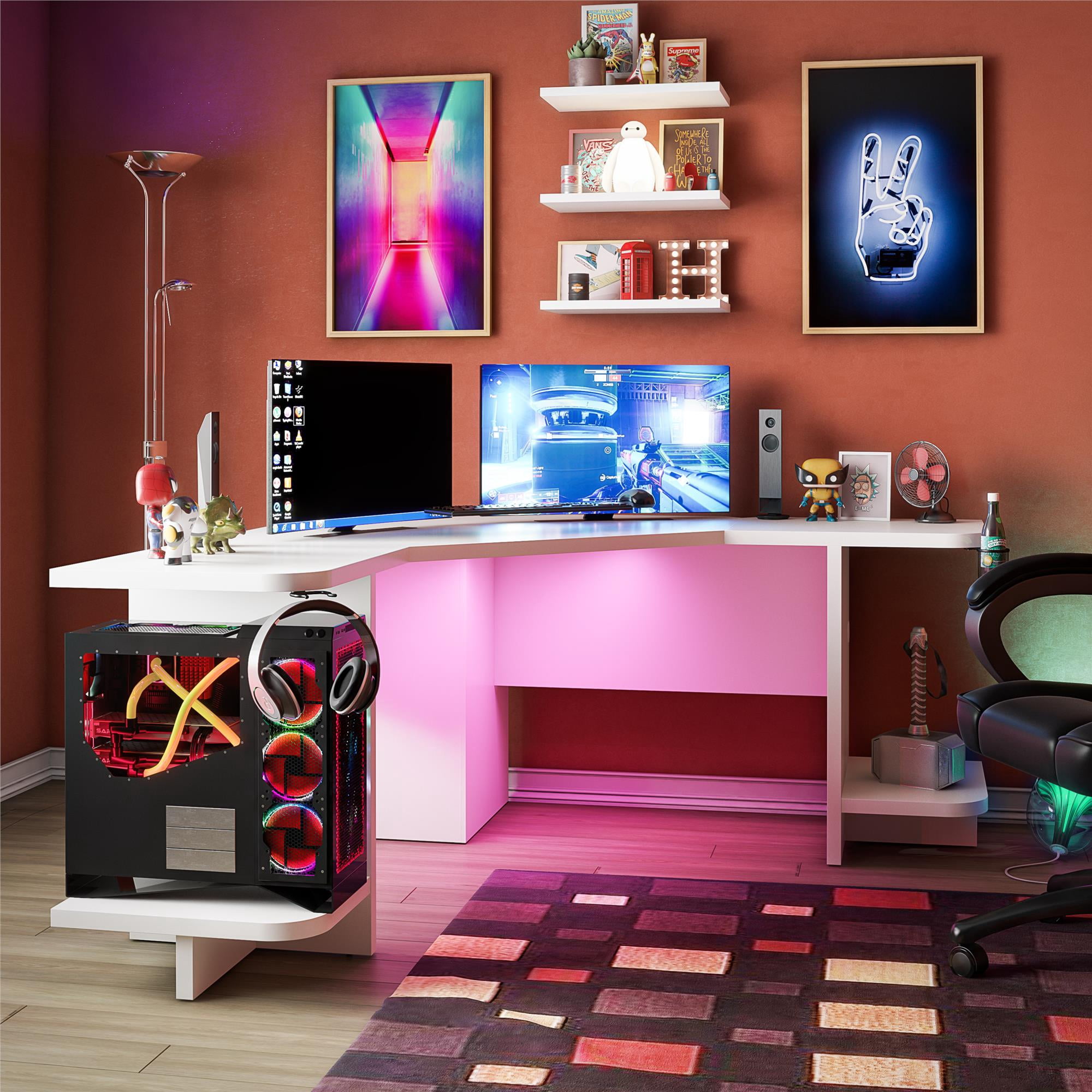 NTense White Corner Gaming Desk with LED Light Kit, Large Computer ...