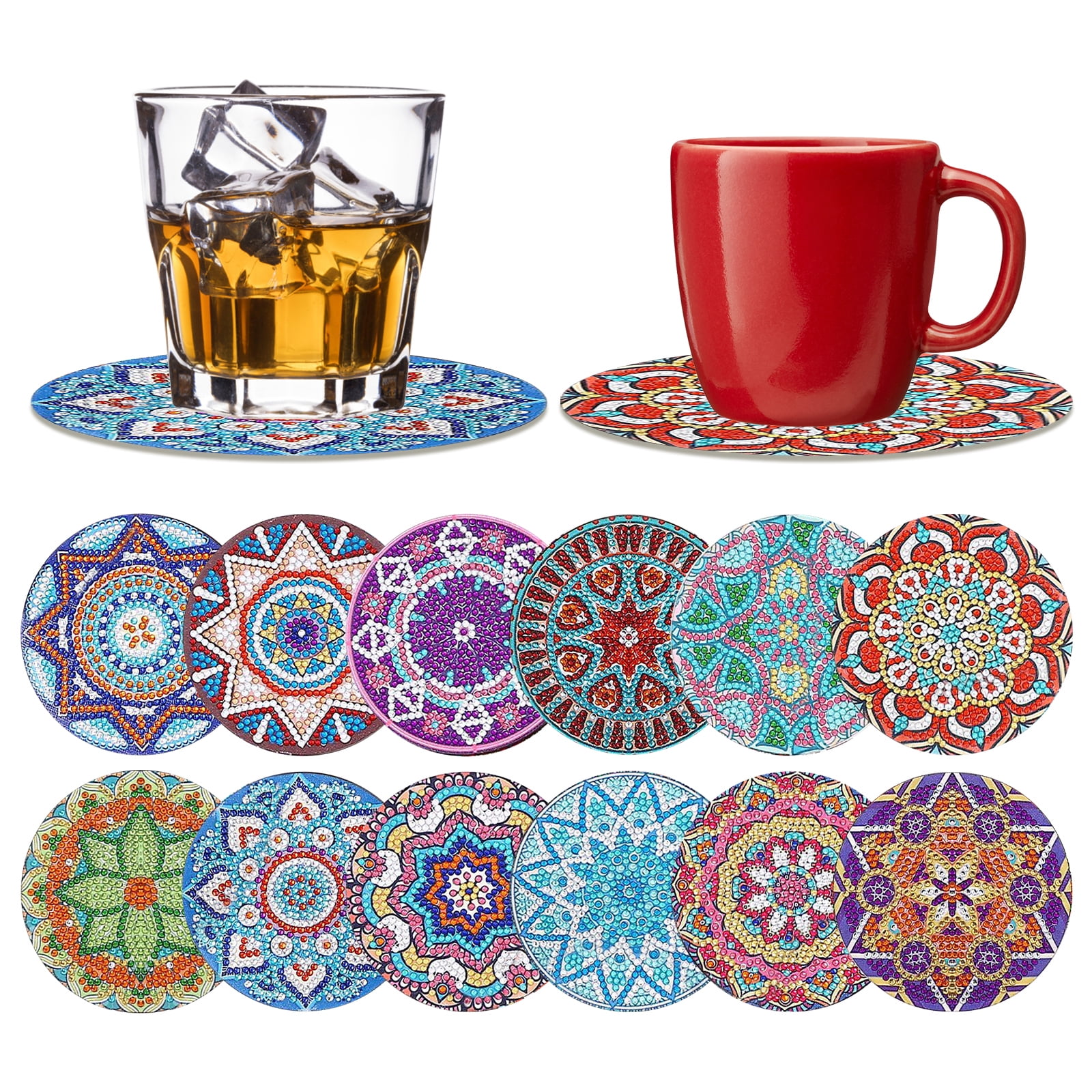 NUAHRHY 12pcs Diamond Art Cup Mat with Cork Base Round Non-slip Heat ...