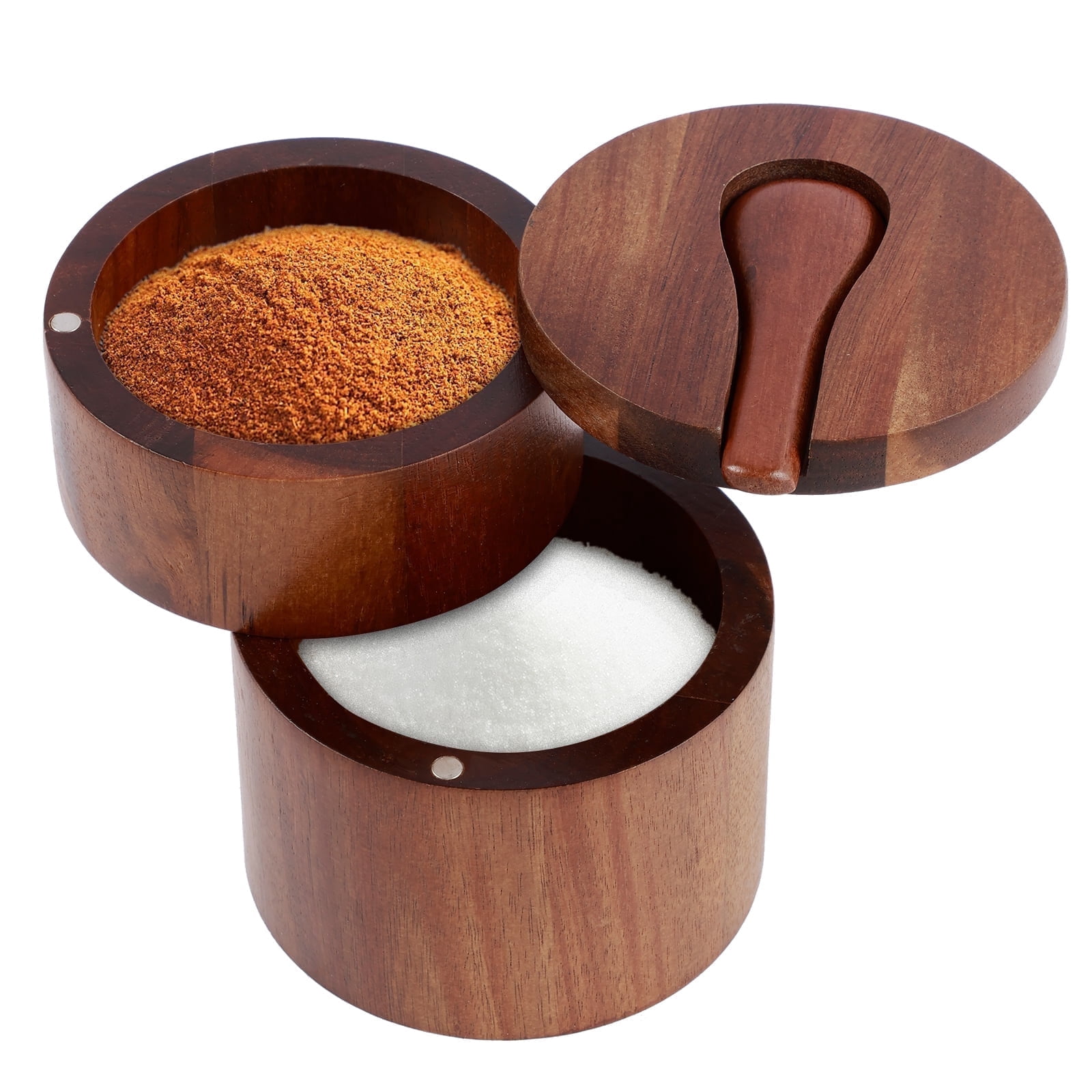 NUAHRHY Wooden Salt Container, Rotatable 2-Layer Salt Cellar, Magnetic ...