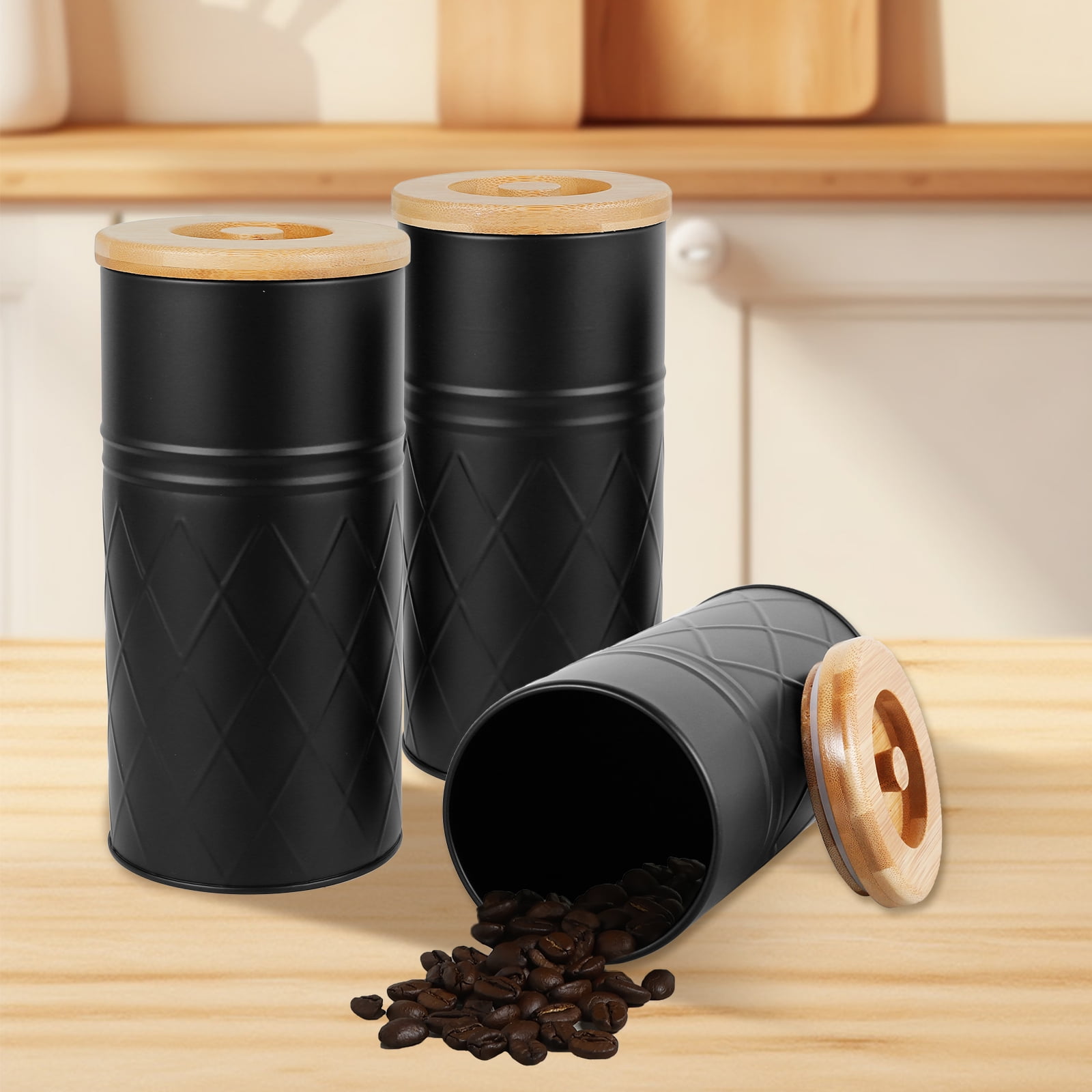 NUAHRHY 3Pcs Galvanized Iron Kitchen Canister With Wood Lid Grid ...