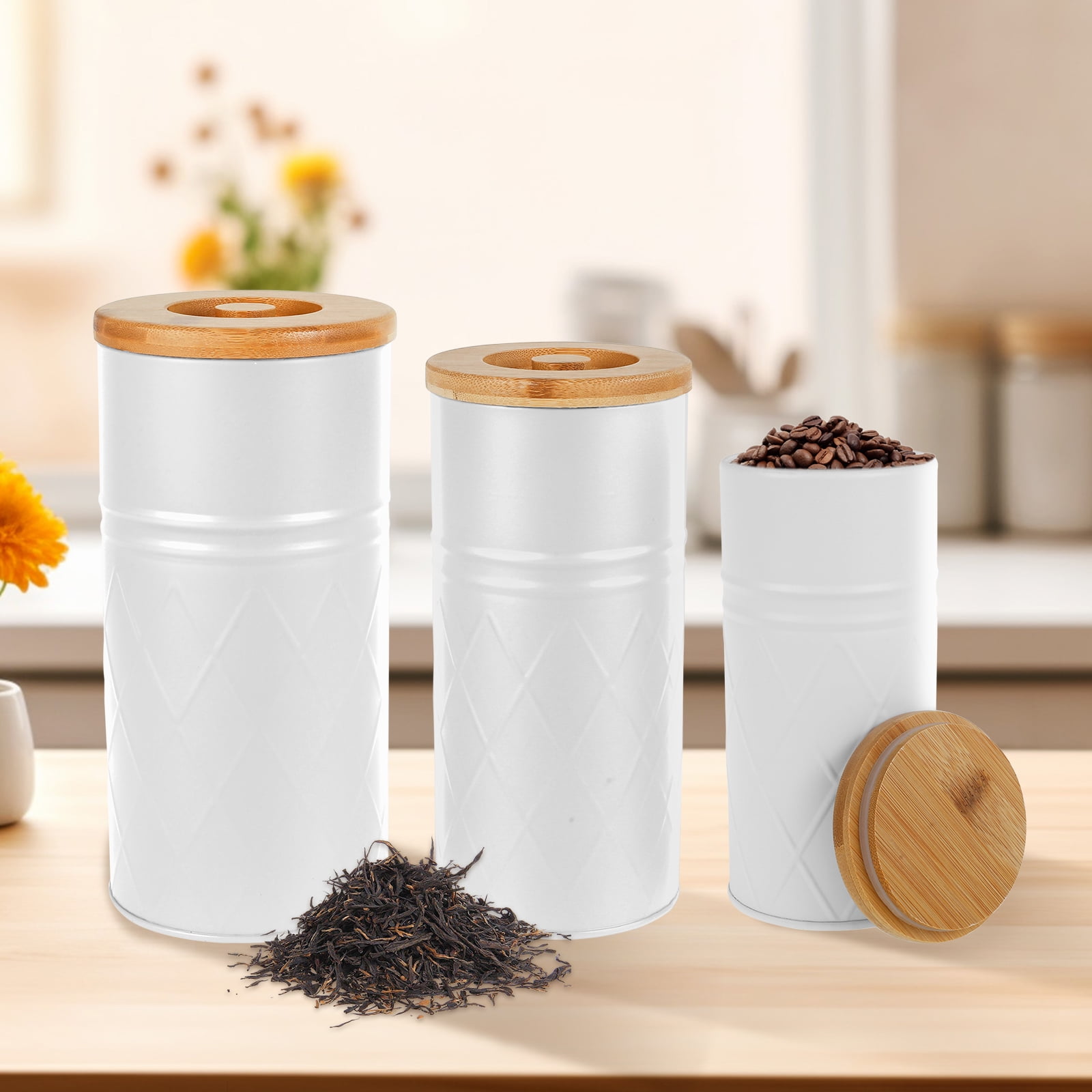 NUAHRHY 3Pcs Galvanized Iron Kitchen Canister With Wood Lid Grid ...