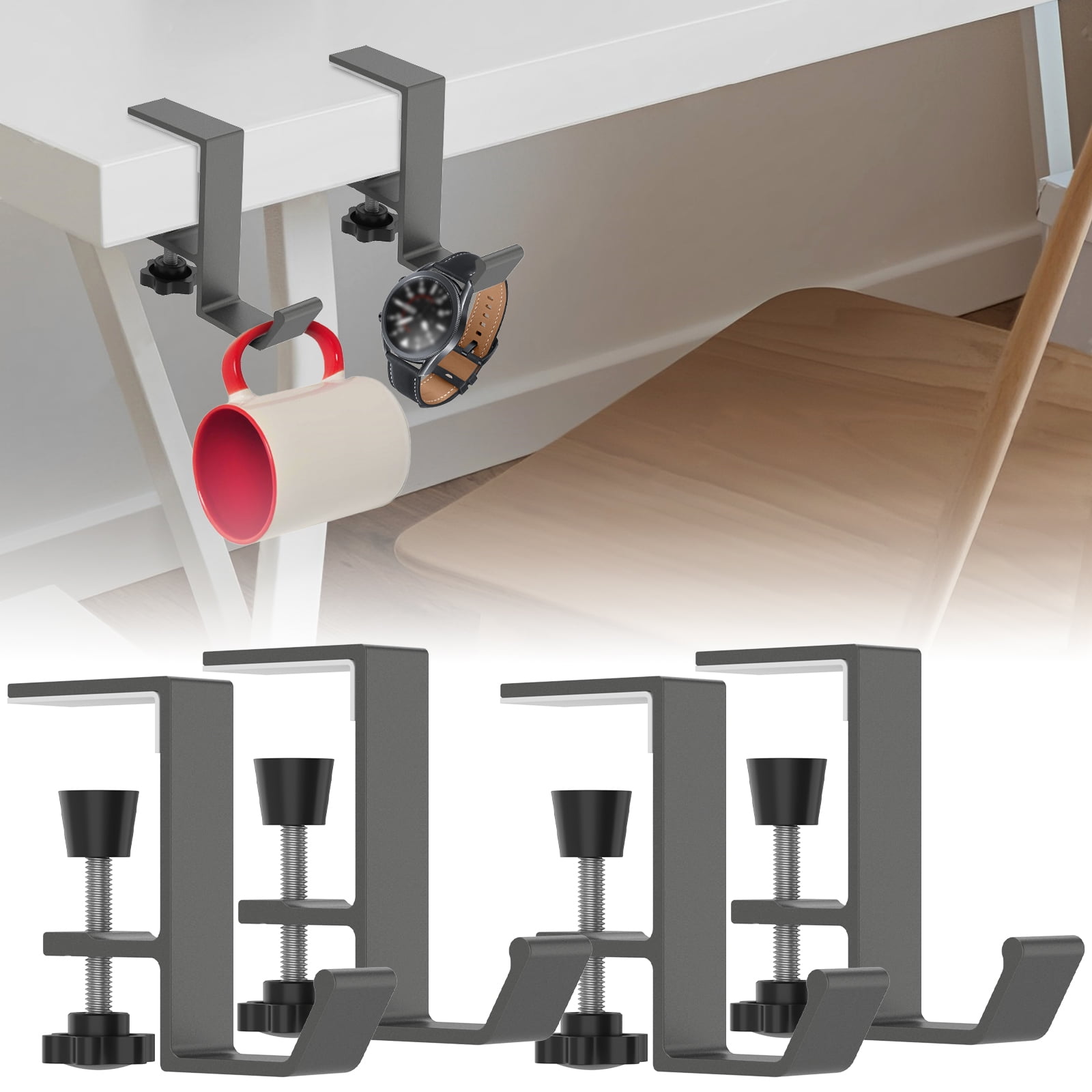 NUAHRHY 4Pcs Desk Clamp On Hook Aluminum Table Hanger Hook Adjustable ...