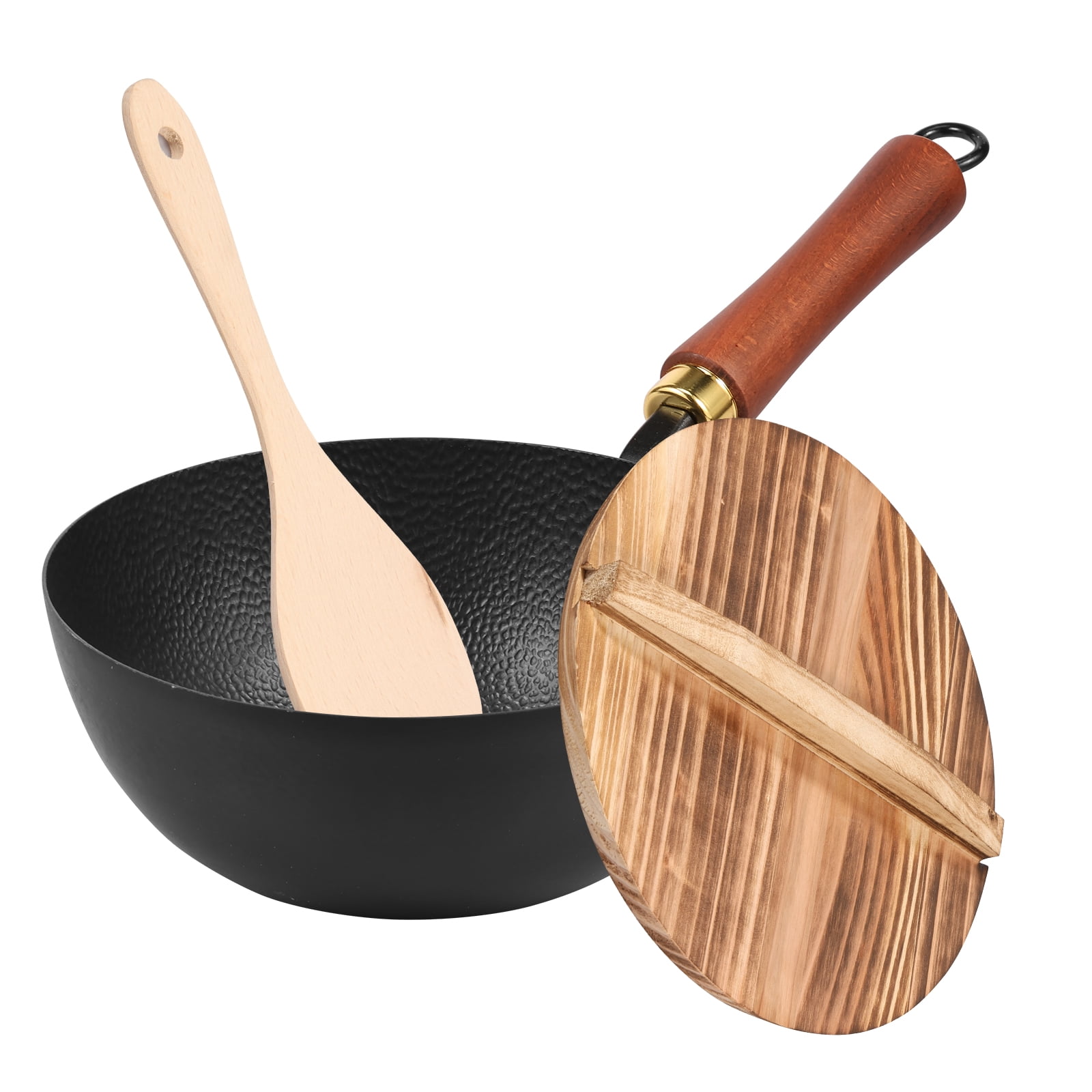 NUAHRHY Hand Forged Iron Wok with Wood Lid and Wood Spatula Non Coated ...