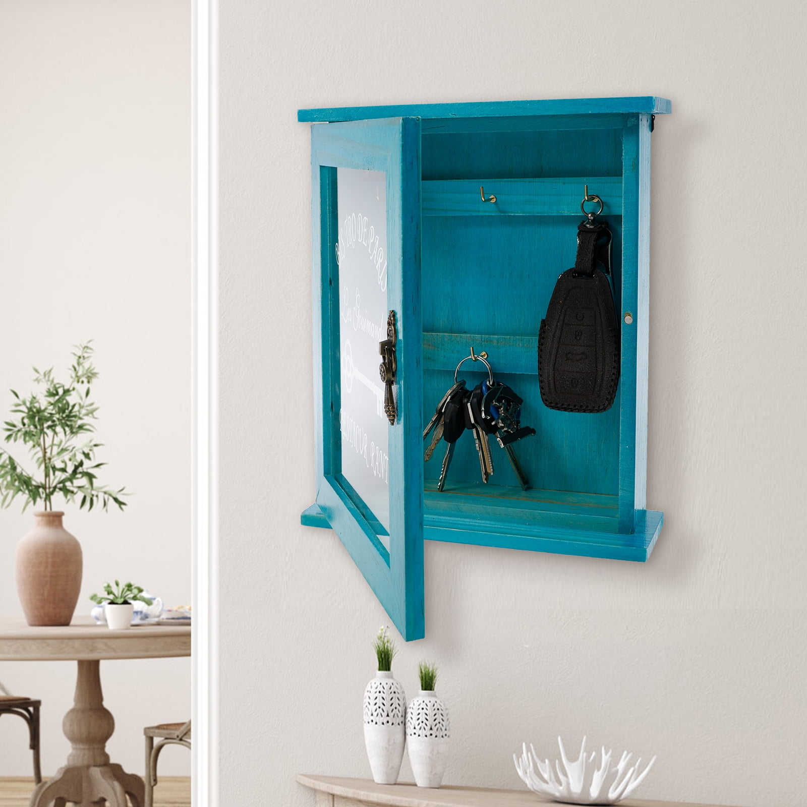 NUAHRHY Wood Key Cabinet Wall Mounted Wood Key Holder Box with 6 Hooks ...