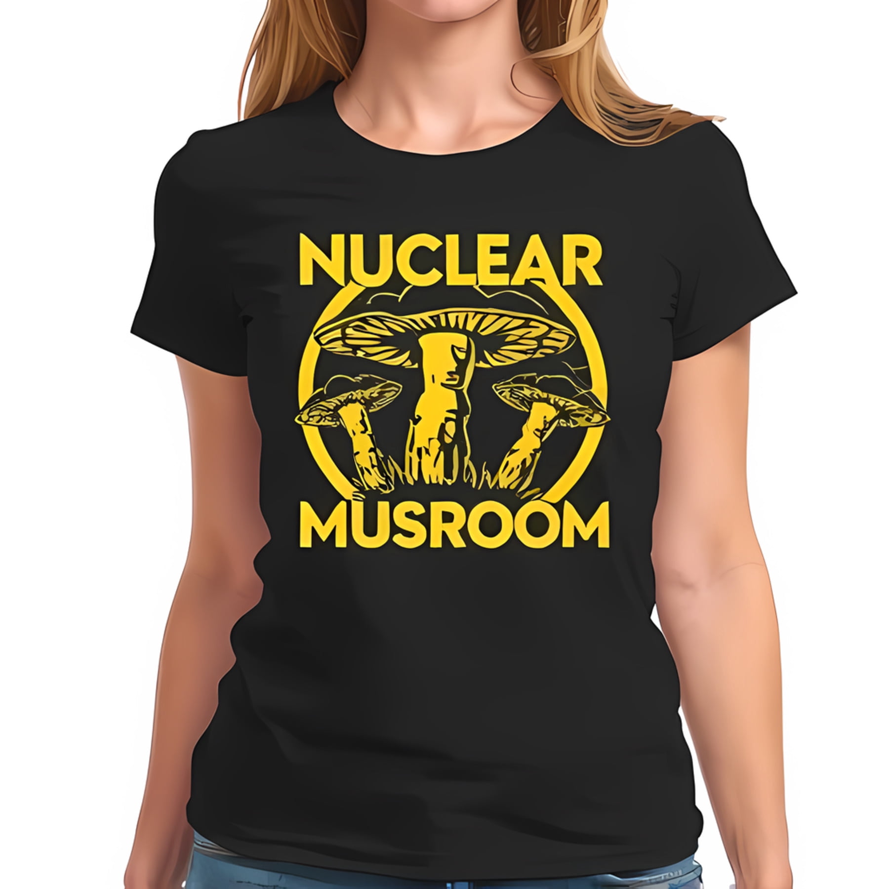 NUCLEAR MUSHROOM Graphic Cotton Short Sleeve T-Shirt - Bold Yellow Text ...