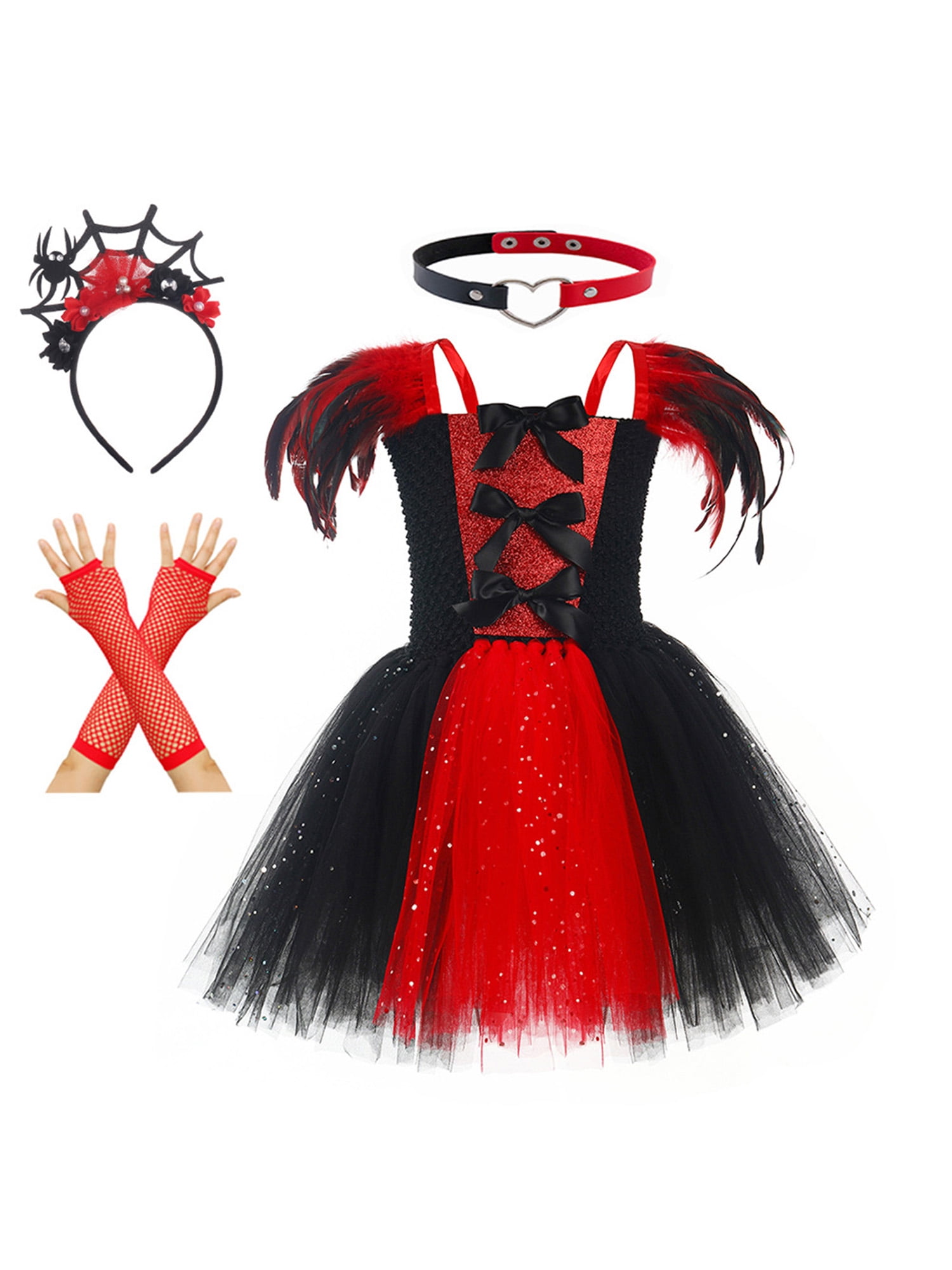 NUIDARAIO Girl Halloween Zombie Costume Feather Sequins Tulle Dress ...
