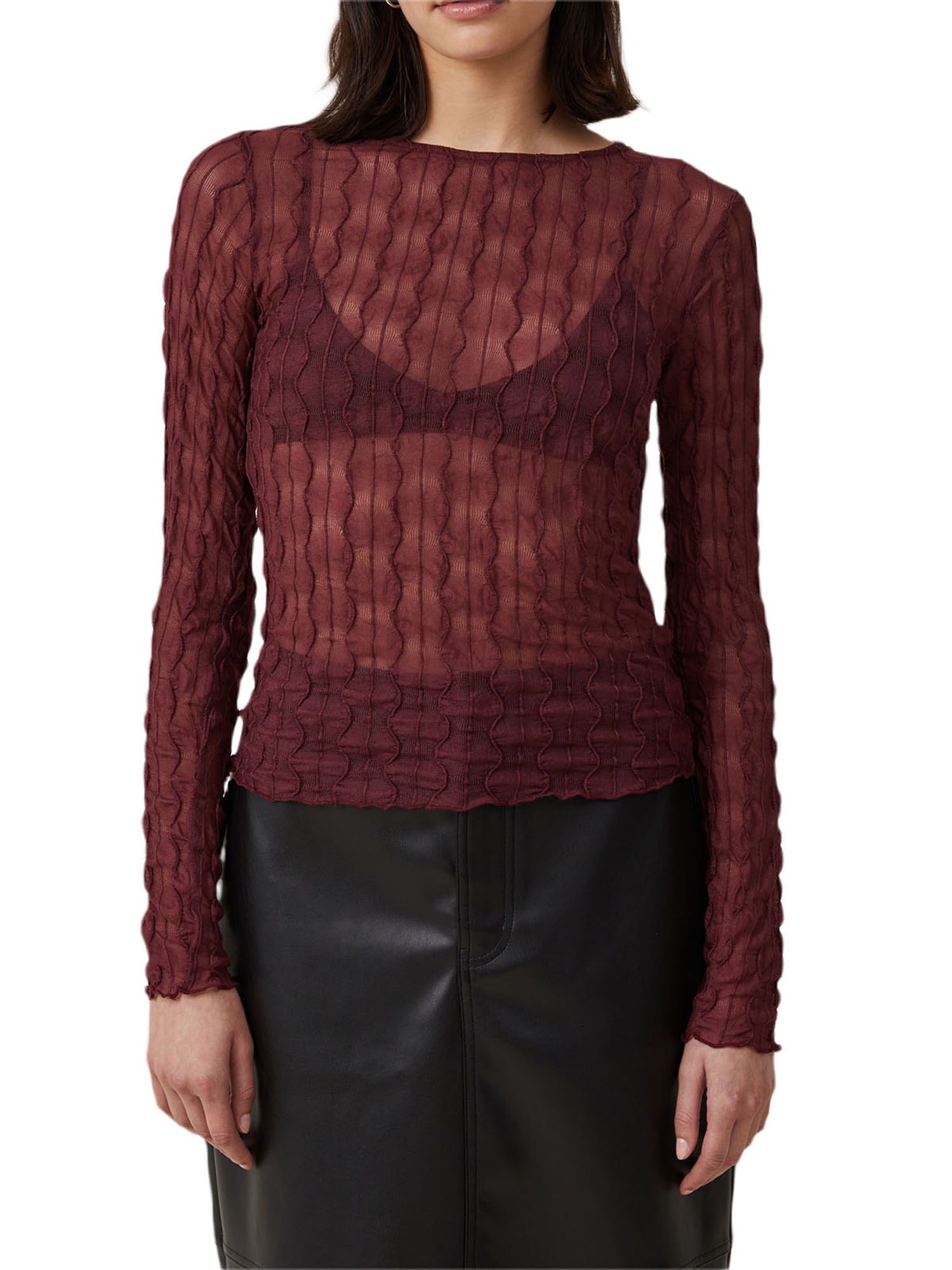 NUIDARAIO Women T-shirt, Long Sleeve Crew Neck See-through Solid Slim ...