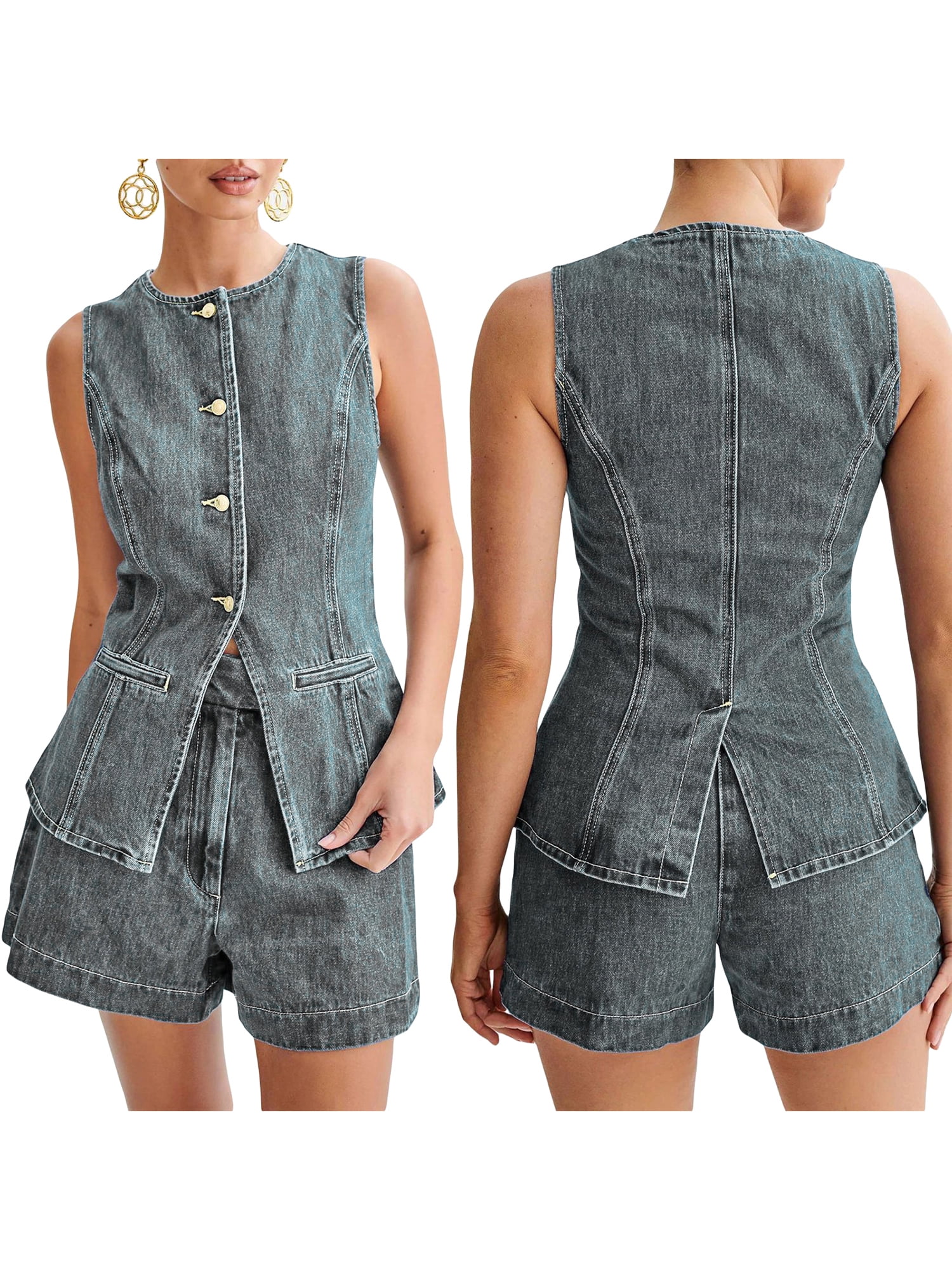 NUIDARAIO Women's 2 Piece Denim Outfits Sleeveless Button Up Tank Tops Solid Color Shorts Sets ...