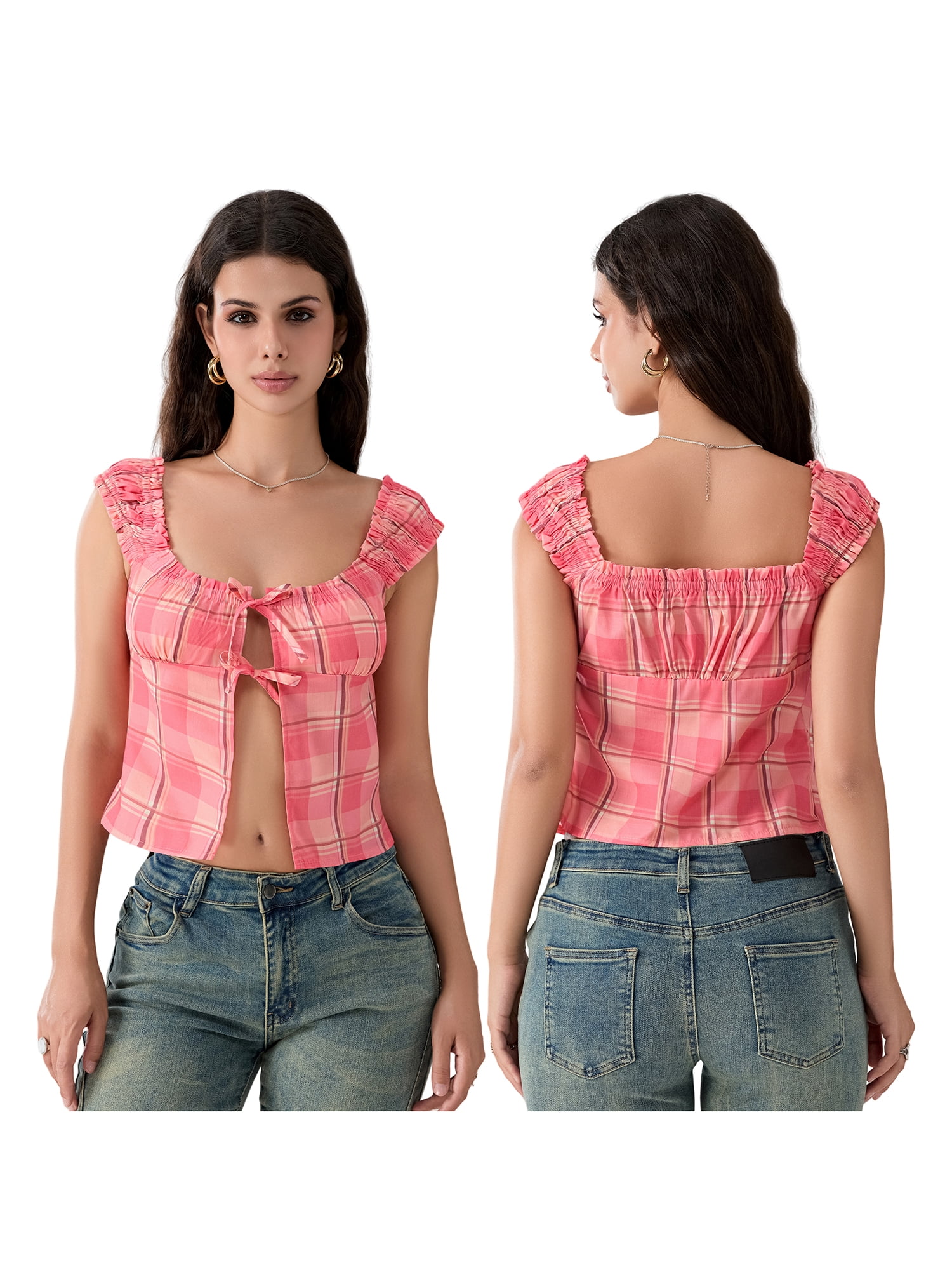 NUIDARAIO Women's Crop Plaid Lounge Shirt Frill Trim Scoop Neck Showing ...