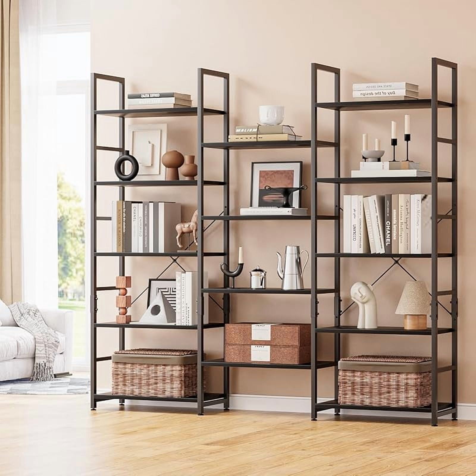 NUMENN Triple Column 5 Tier Bookshelf, Bookcase with 14 Open Display ...